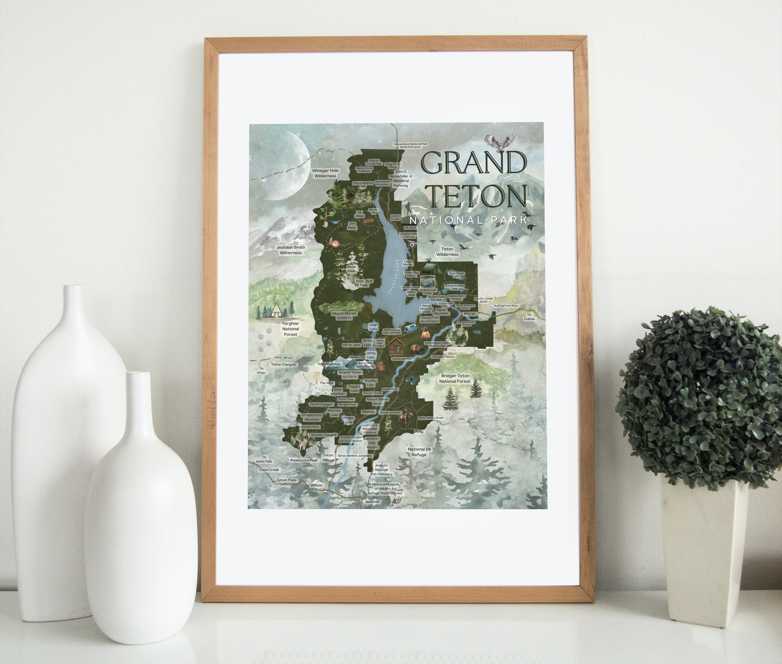 Grand Teton National Park Watercolor Map Print, Wyoming Wall Art ...
