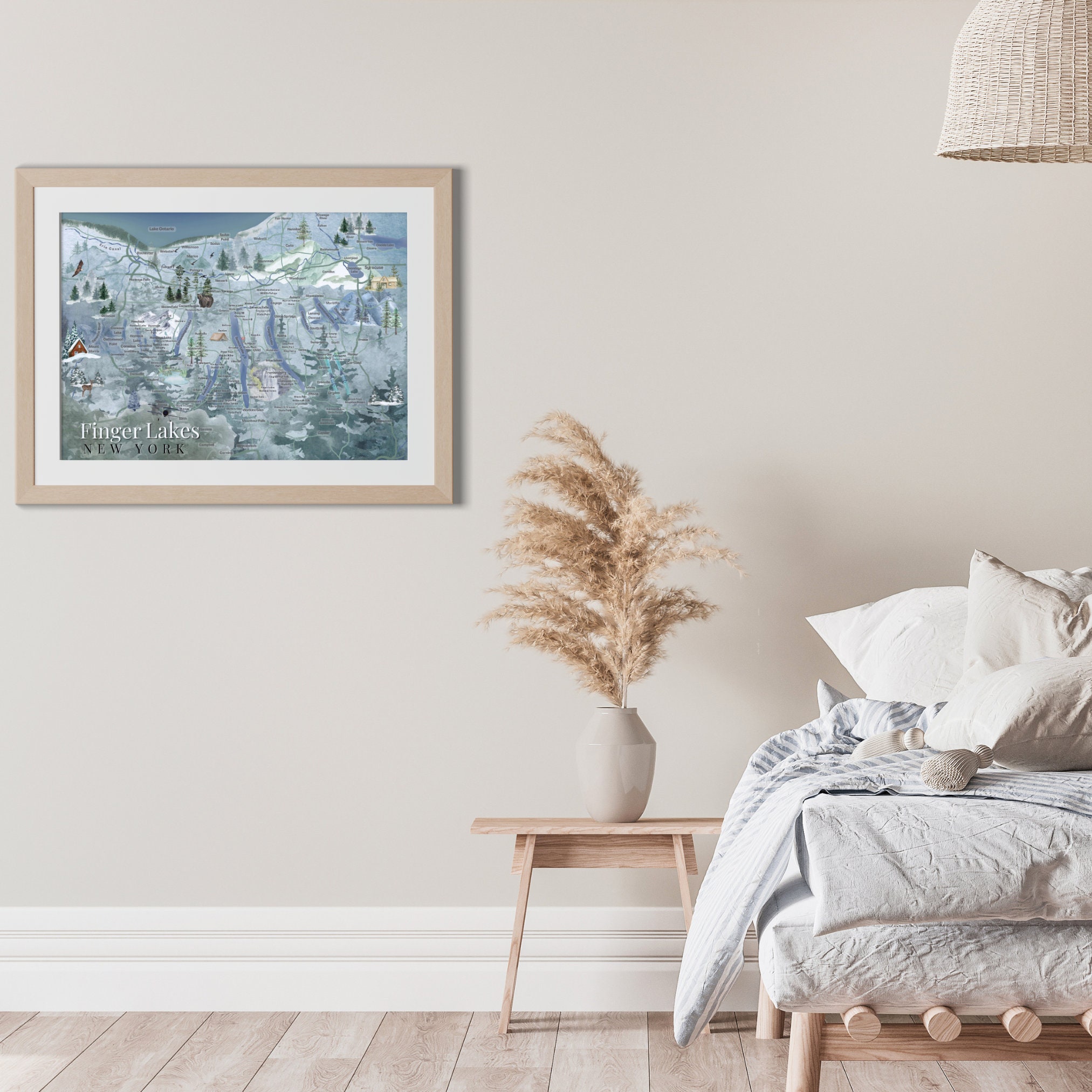Finger Lakes NY Watercolor Map - Detailed Landscape Art - Premium ...
