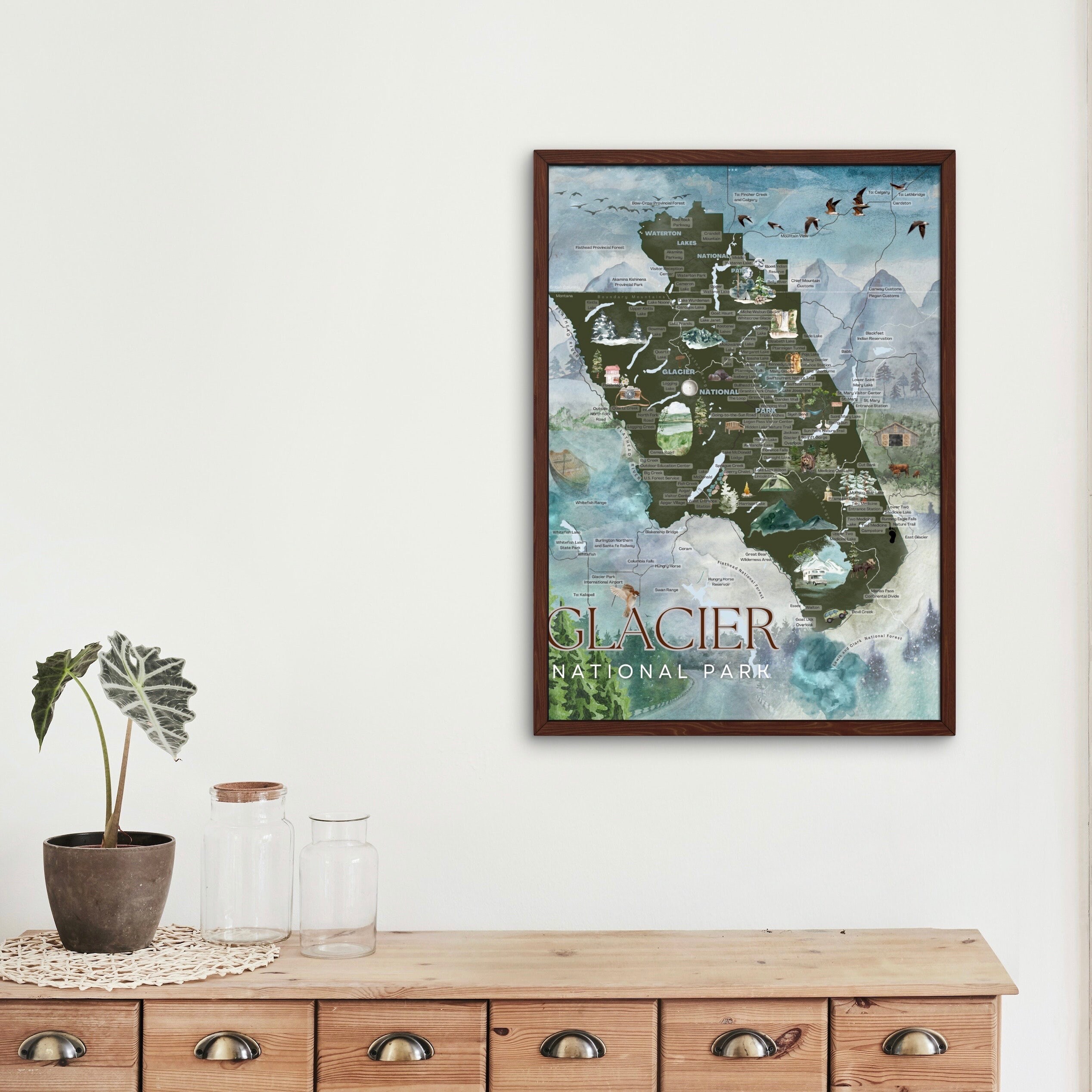 Glacier National Park Watercolor Map Print Montana Landscape Poster ...