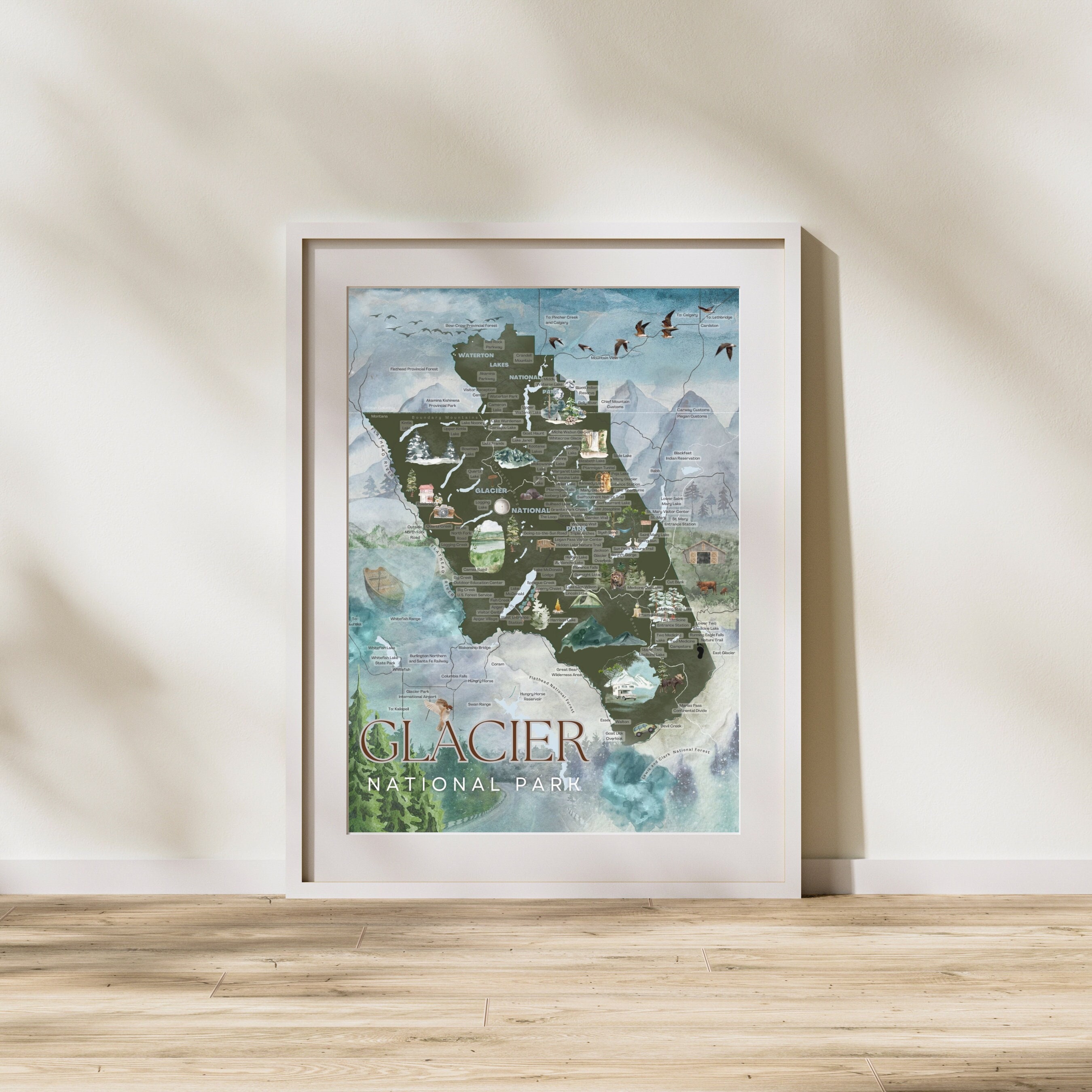 Glacier National Park Watercolor Map Print Montana Landscape Poster ...