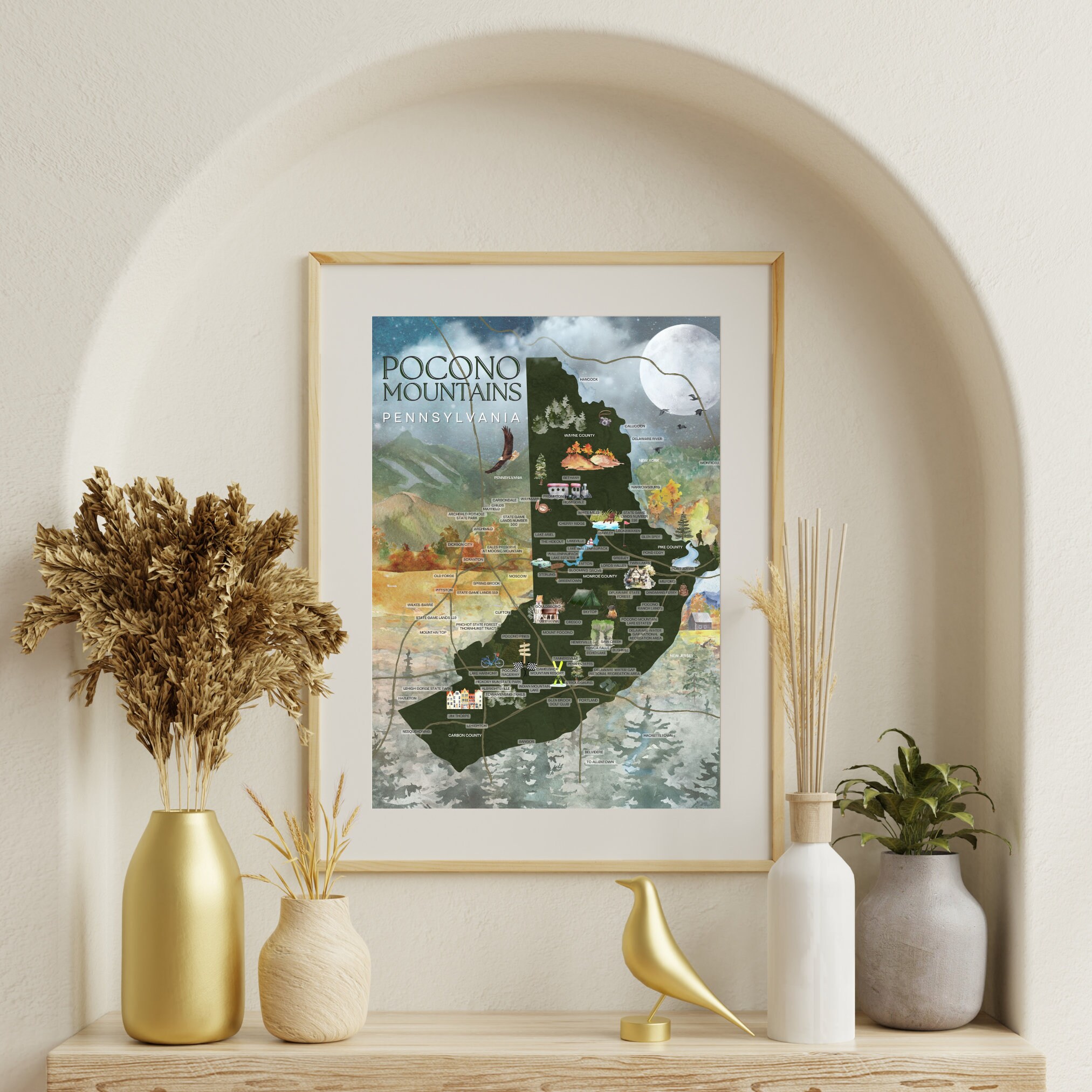 Pocono Mountains Pennsylvania Watercolor Map Print Detailed Mountain ...