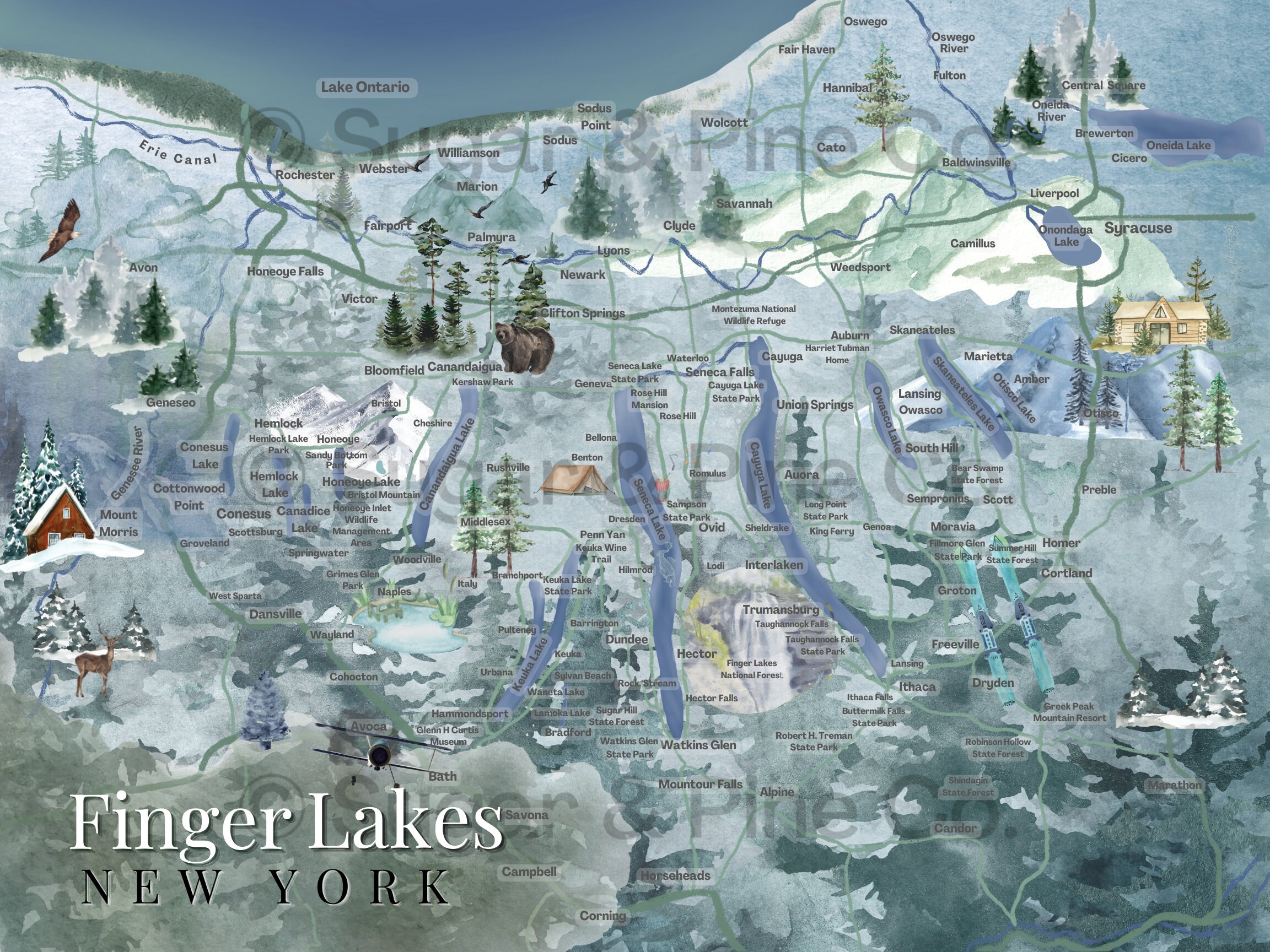 Finger Lakes NY Watercolor Map - Detailed Landscape Art - Premium ...