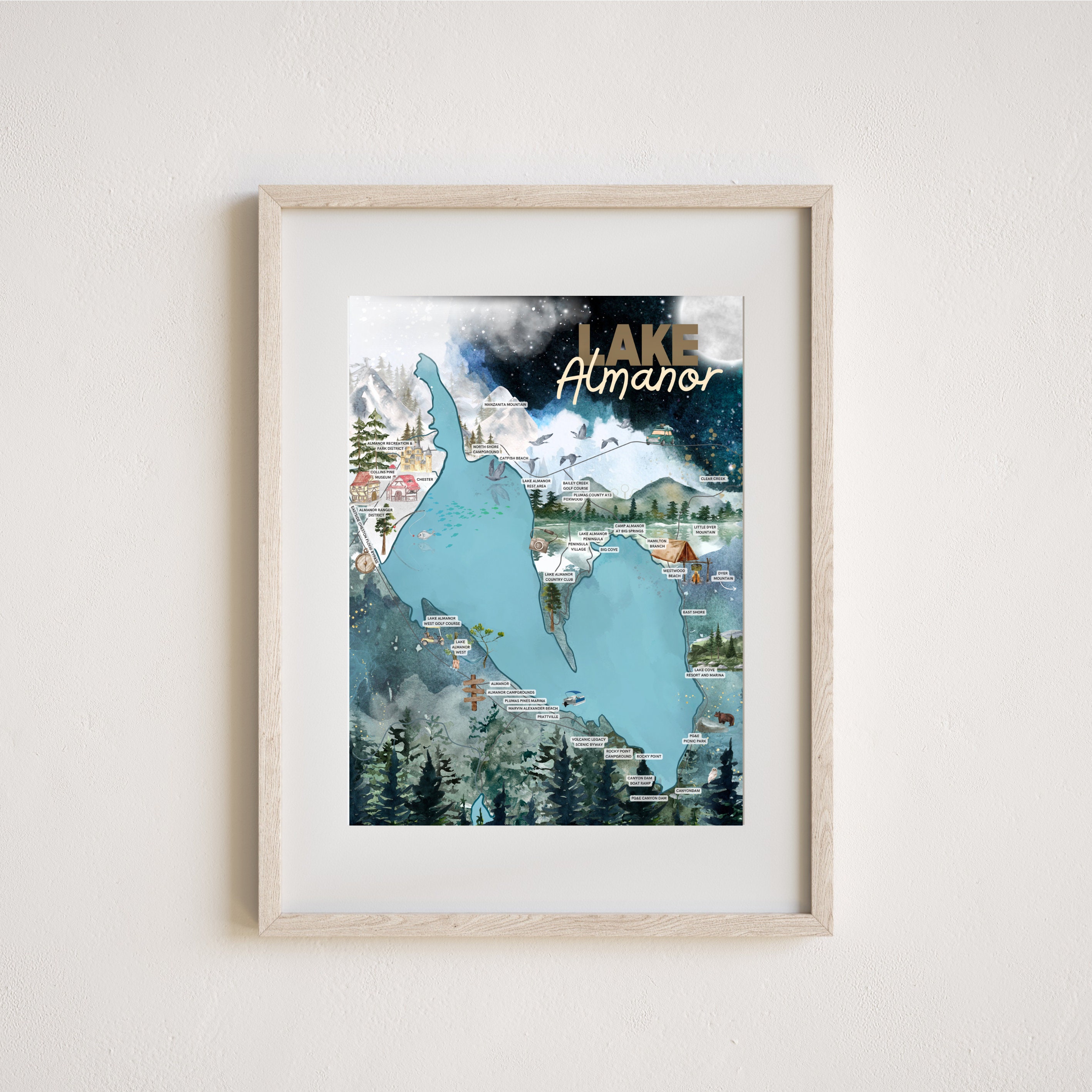 Lake Almanor California Watercolor Map Print - Detailed Mountain Art ...