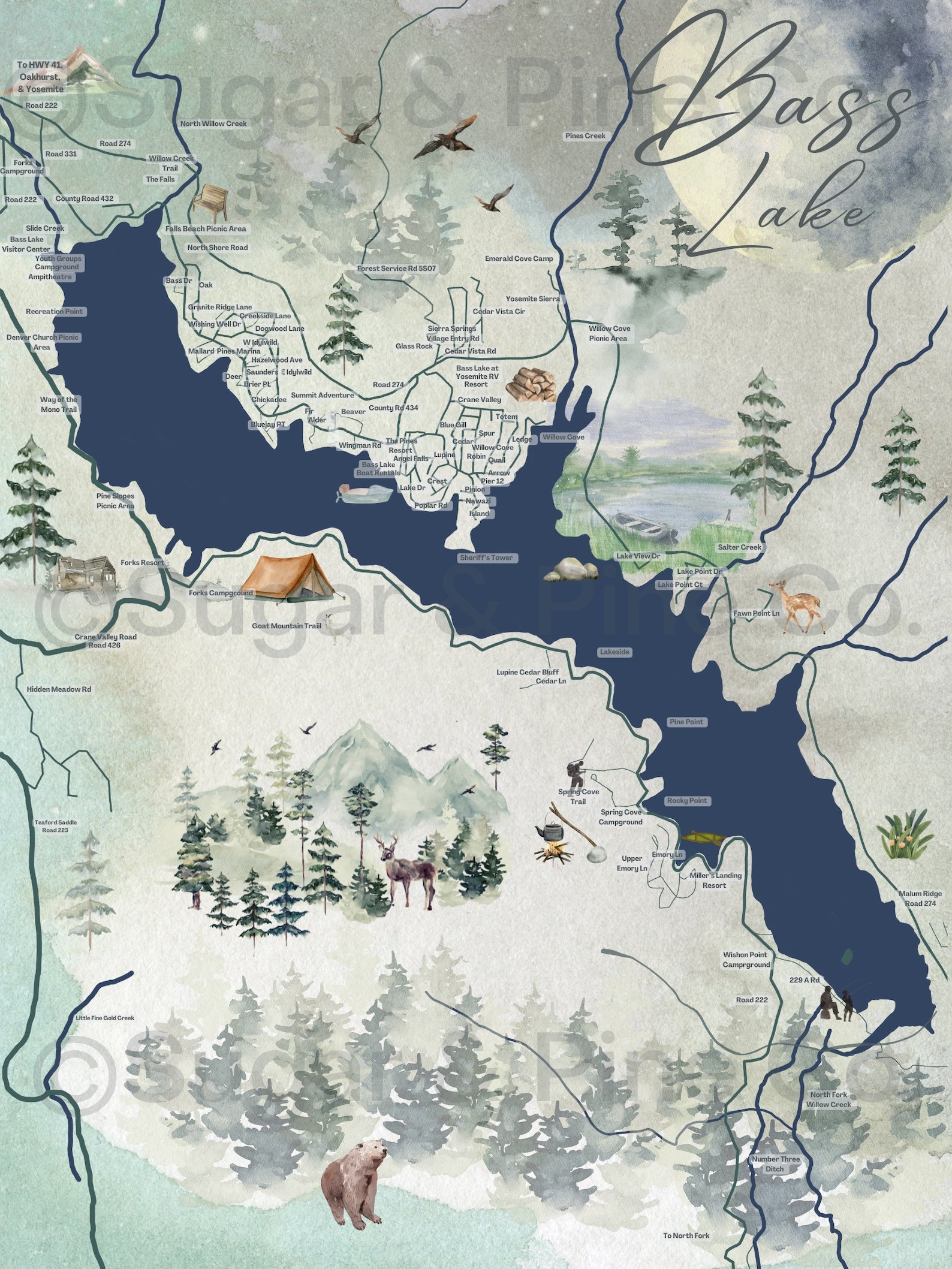 Bass Lake Map, Bass Lake Poster, Pines Resort Bass Lake, Oakhurst Wall ...