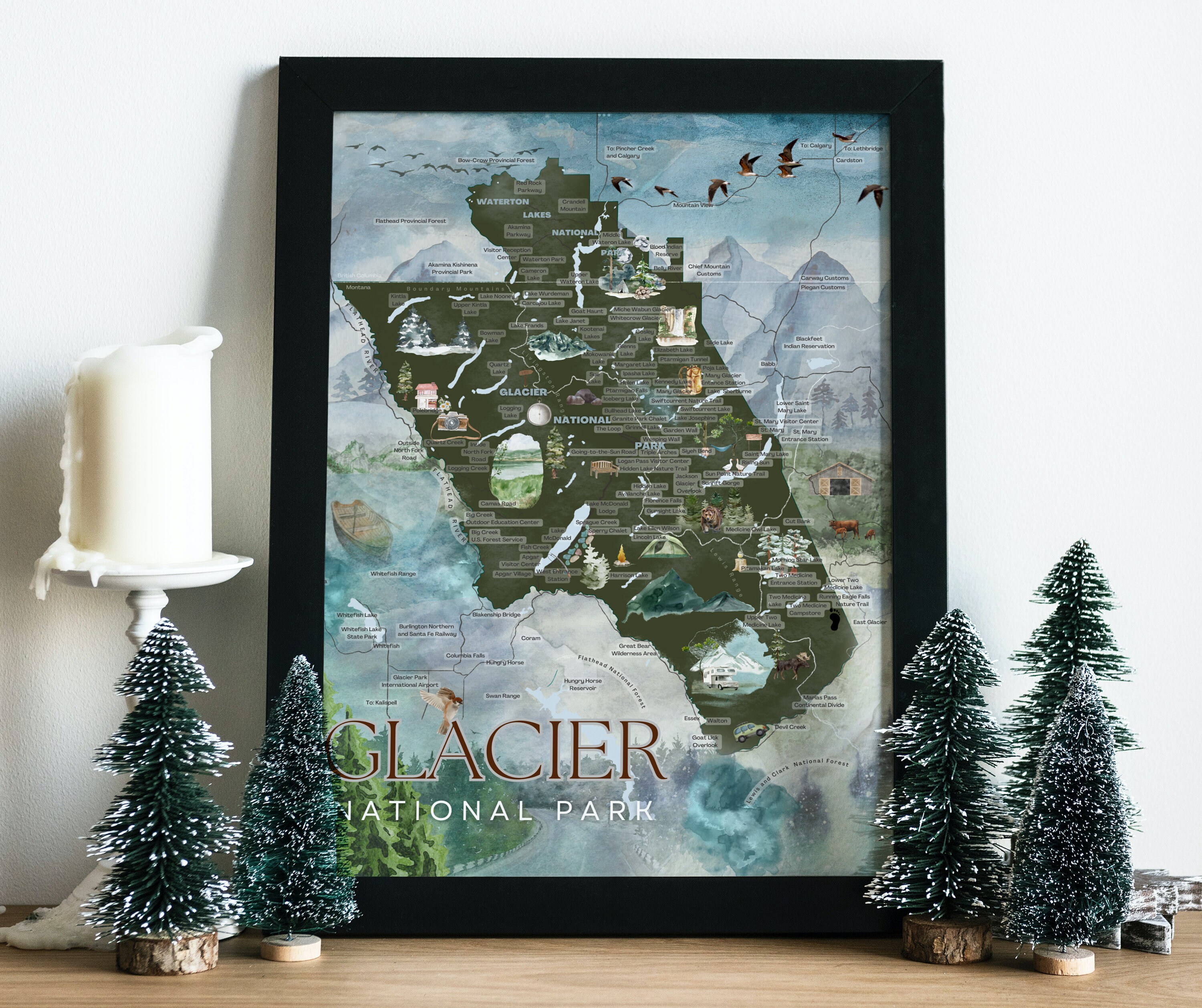 Glacier National Park Watercolor Map Print Montana Landscape Poster ...