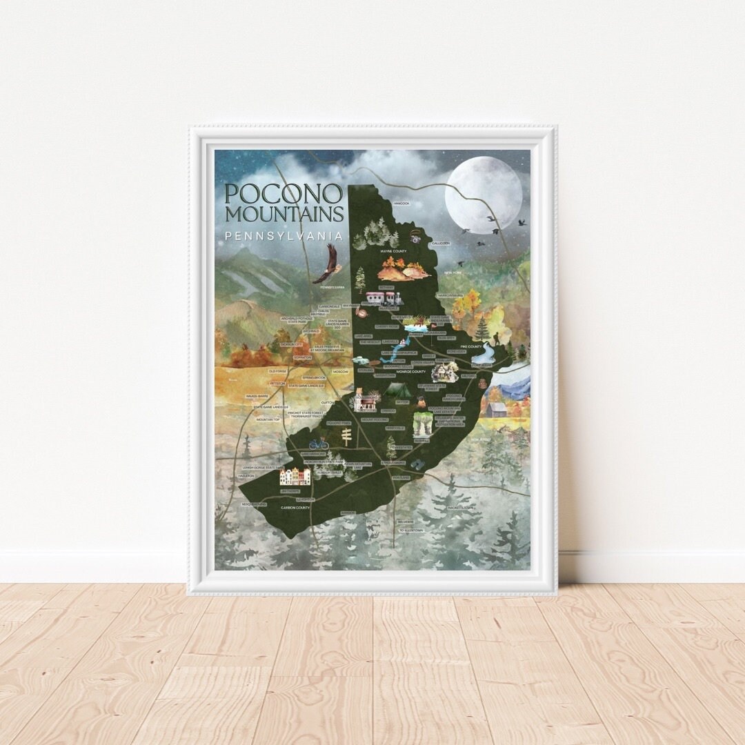 Pocono Mountains Pennsylvania Watercolor Map Print Detailed Mountain ...
