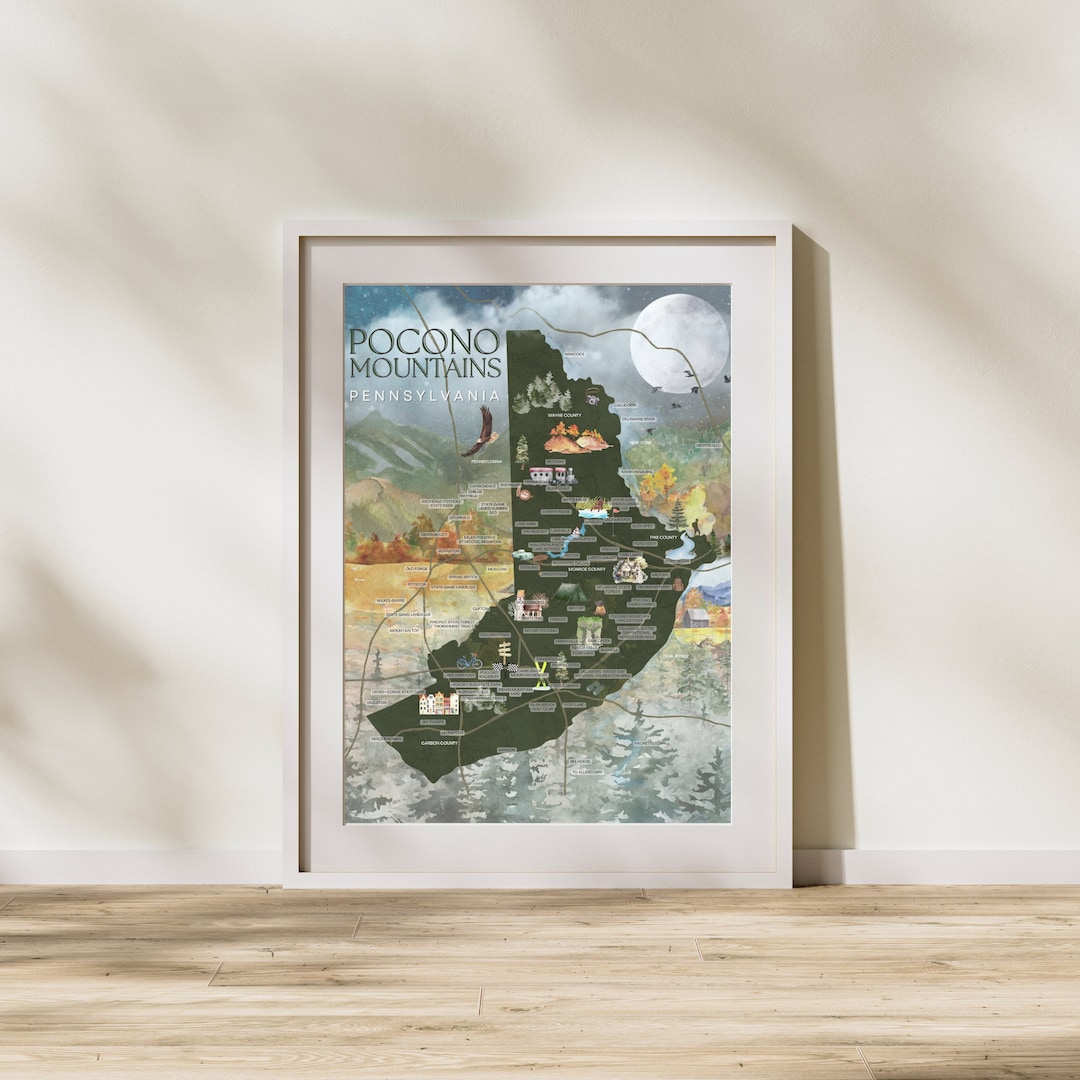 Pocono Mountains Pennsylvania Watercolor Map Print - Detailed Mountain ...