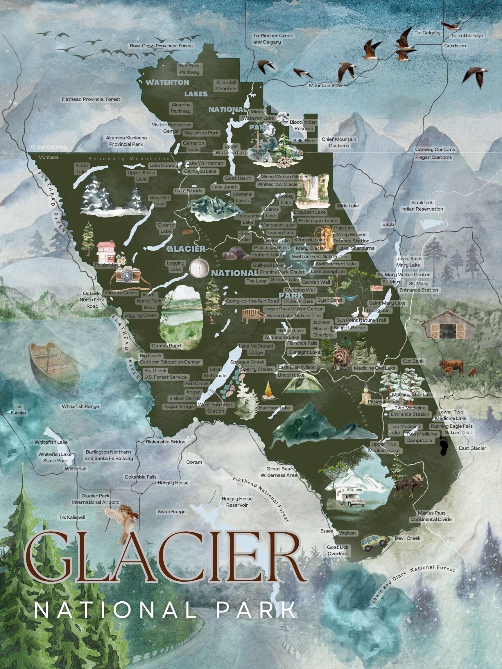 Glacier National Park Watercolor Map Print Montana Landscape Poster ...