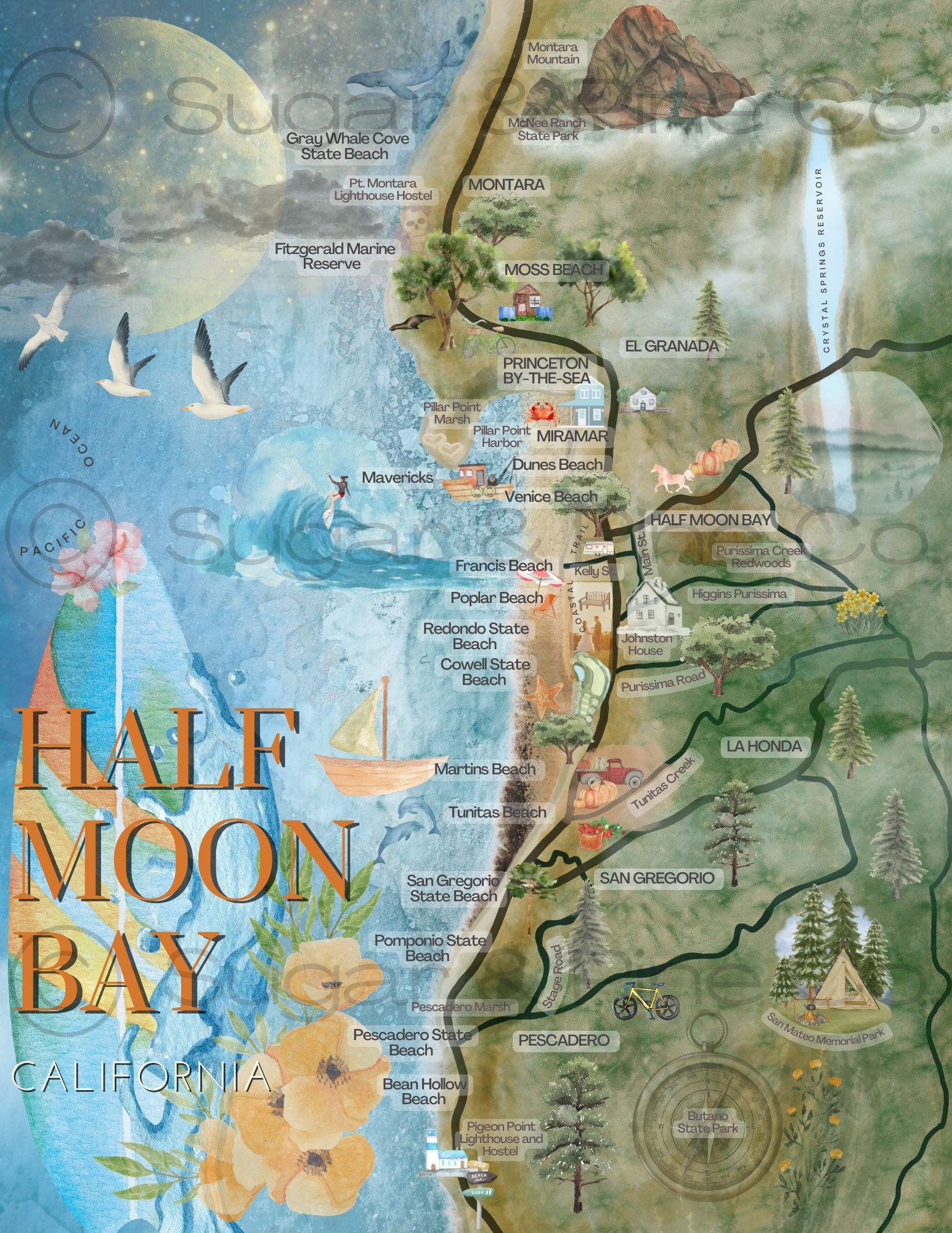 Half Moon Bay Map Print, Half Moon Bay Art, Half Moon Bay Print, Half ...