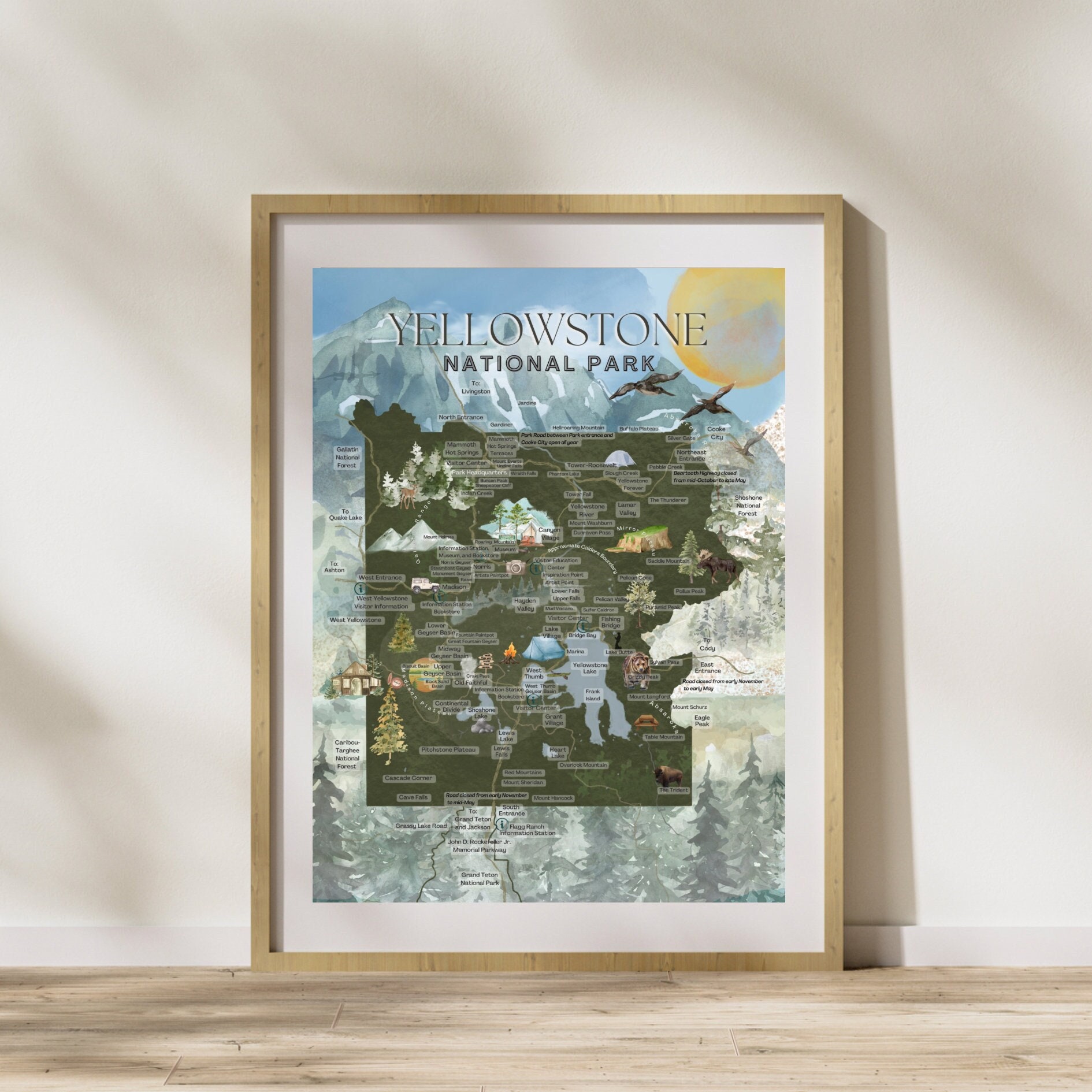 Yellowstone National Park Map Watercolor Poster Rustic Home Decor - Etsy