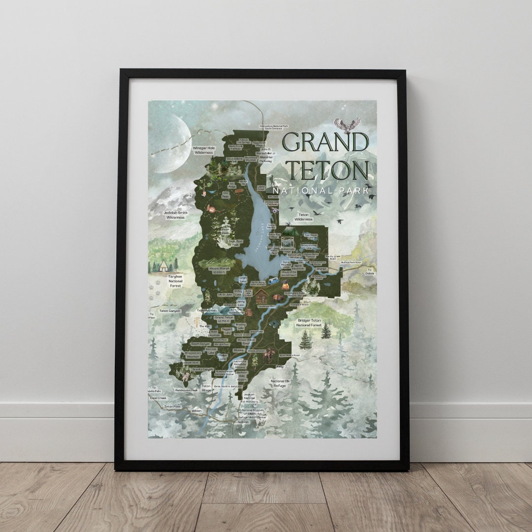 Grand Teton National Park Watercolor Map Print, Wyoming Wall Art ...