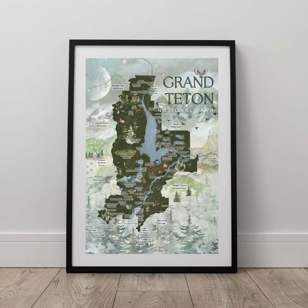 Grand Teton National Park Watercolor Map Print, Wyoming Wall Art ...