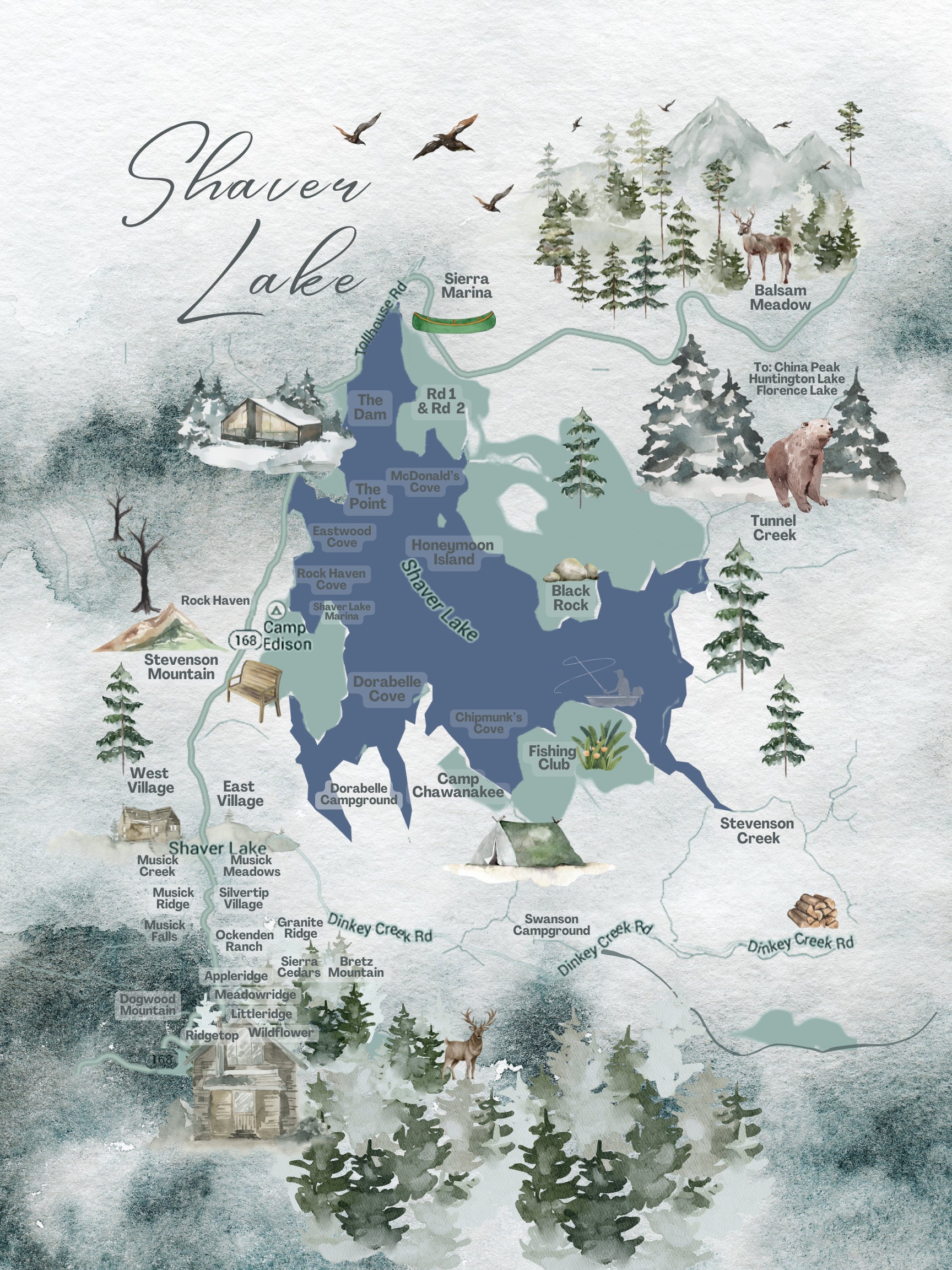 Shaver Lake Map Print for Airbnb Home or Cabin - Etsy