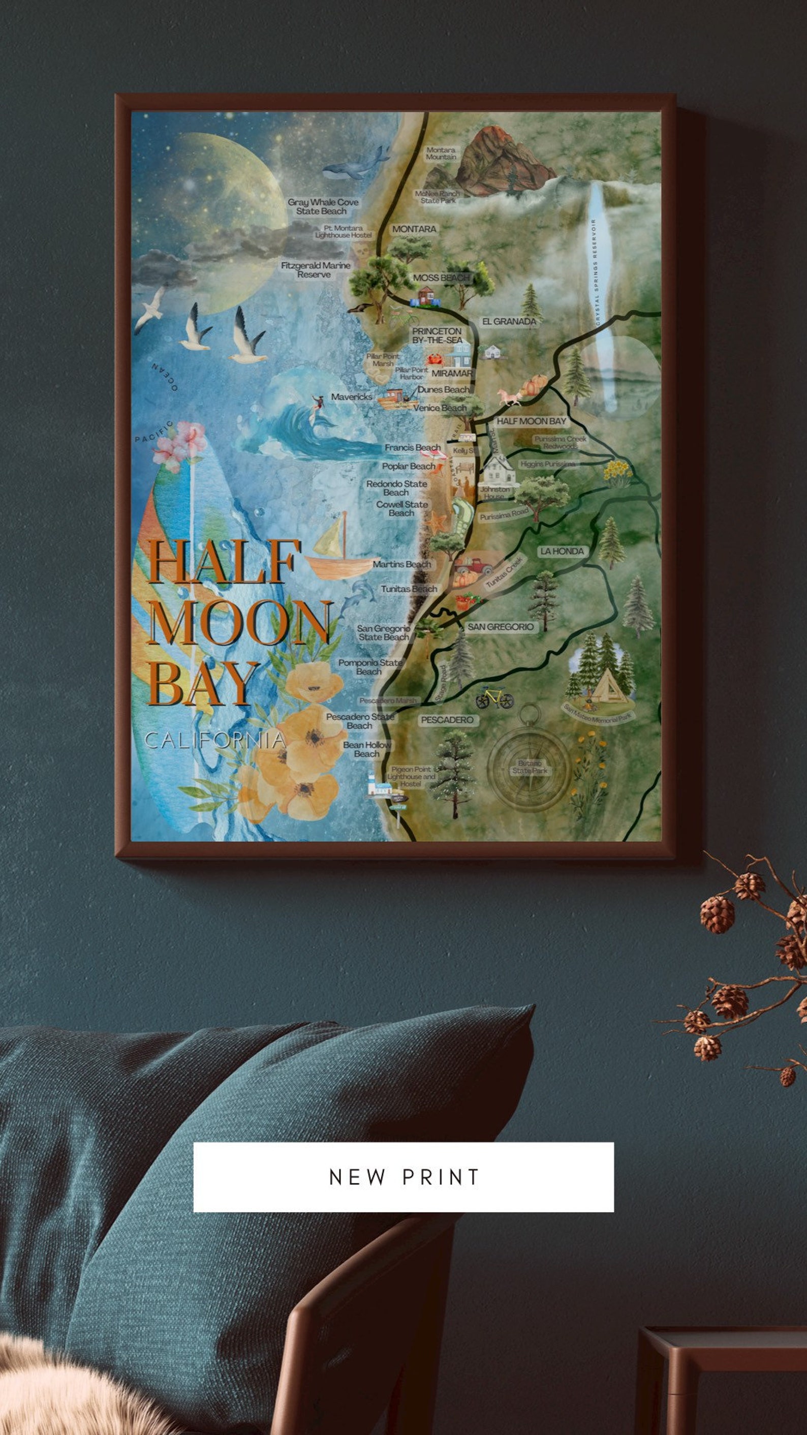 Half Moon Bay Map Print, Half Moon Bay Art, Half Moon Bay Print, Half Moon Bay Map, Half Moon ...
