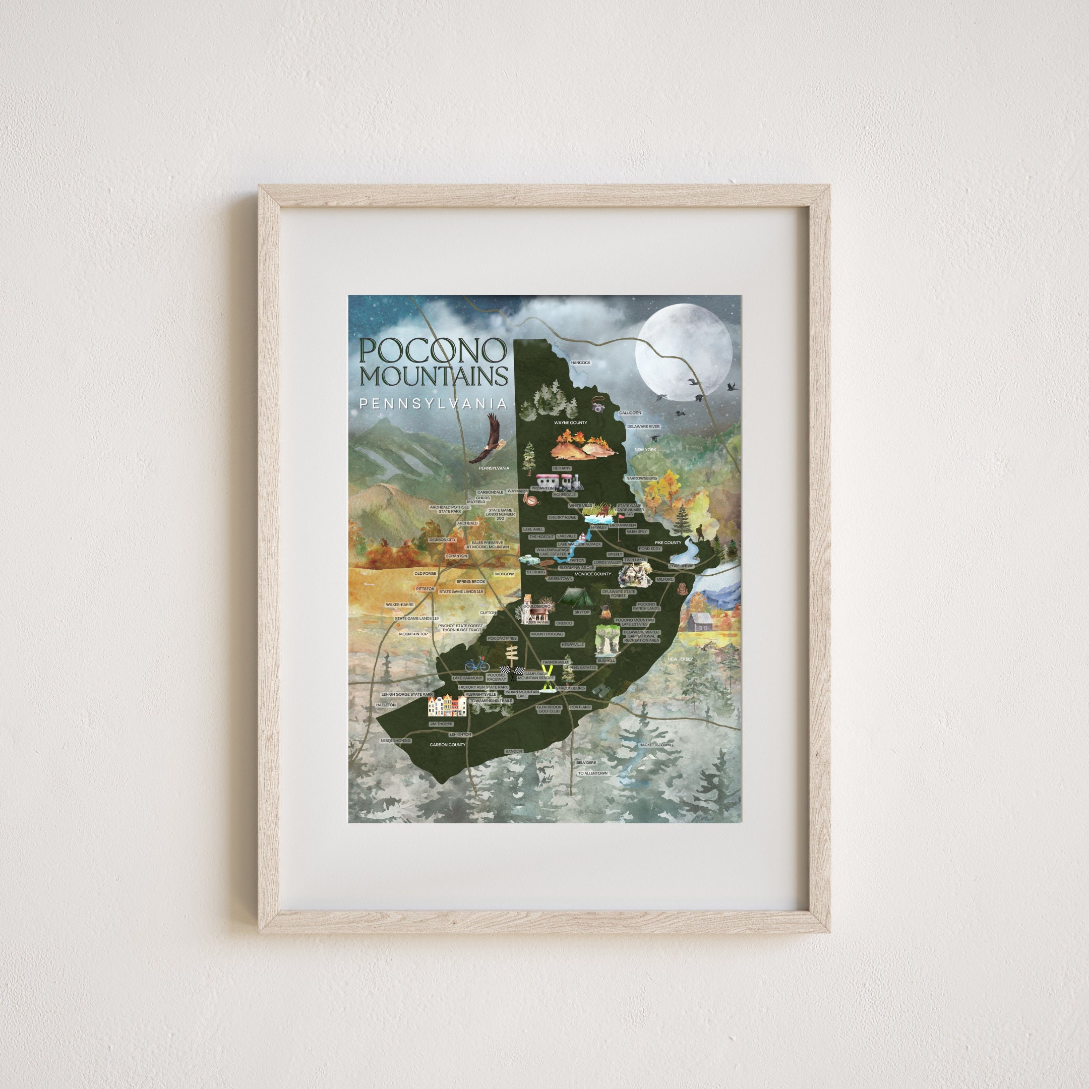 Pocono Mountains Pennsylvania Watercolor Map Print - Detailed Mountain ...
