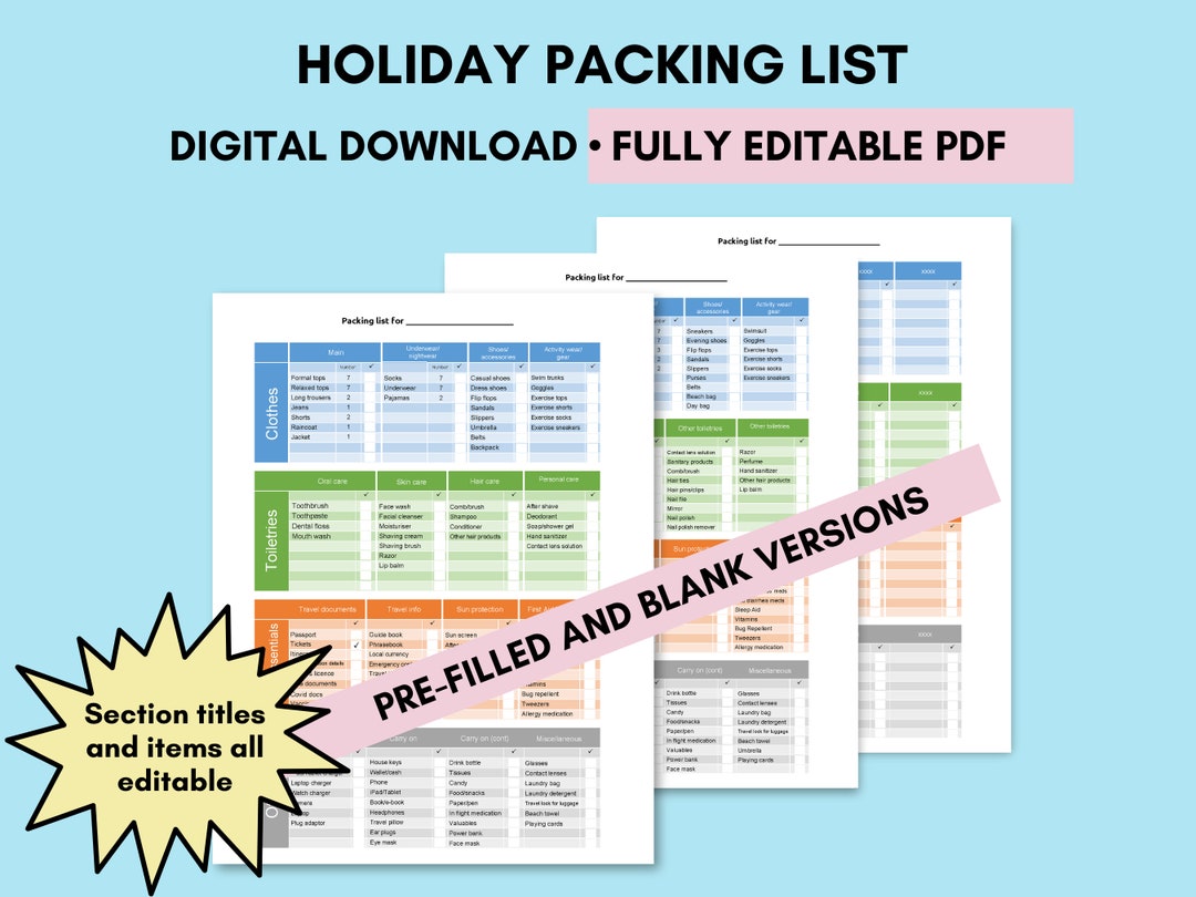 Holiday Packing List Editable List Male and Female Packing Lists ...