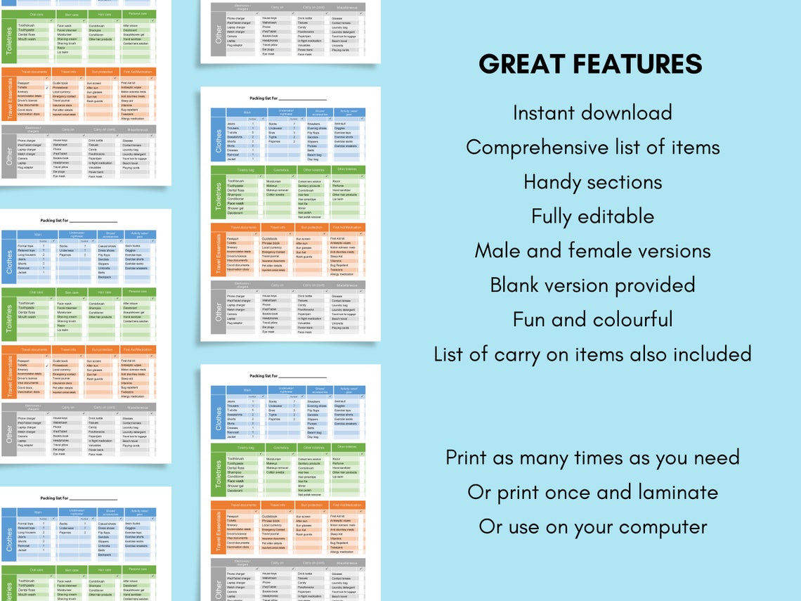 Holiday Packing List Editable List Male and Female Packing Lists ...