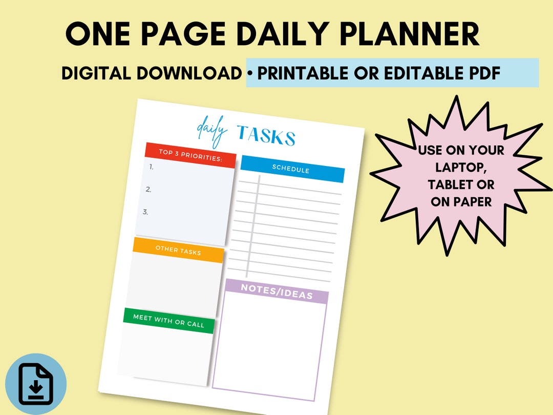 One Page Daily Planner Printable or Editable Laptop Planner Goodnotes ...