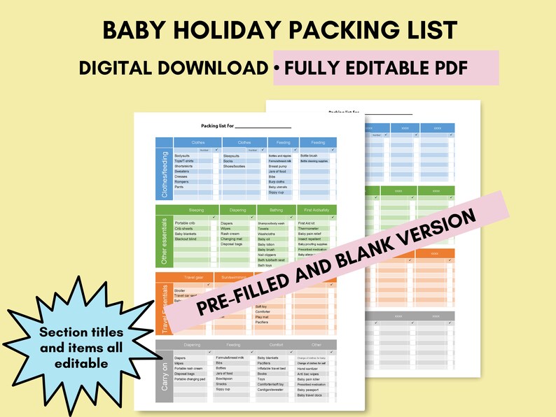 Baby Vacation Packing List Editable List Digital Download Pre-filled ...