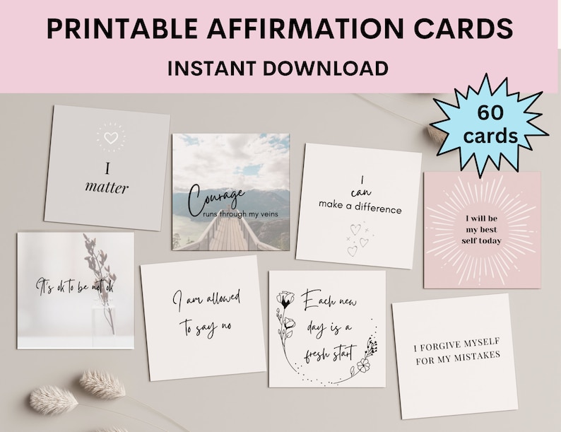60 Printable Affirmation Cards Affirmation Cards for Women Boho Style Affirmations Instant ...