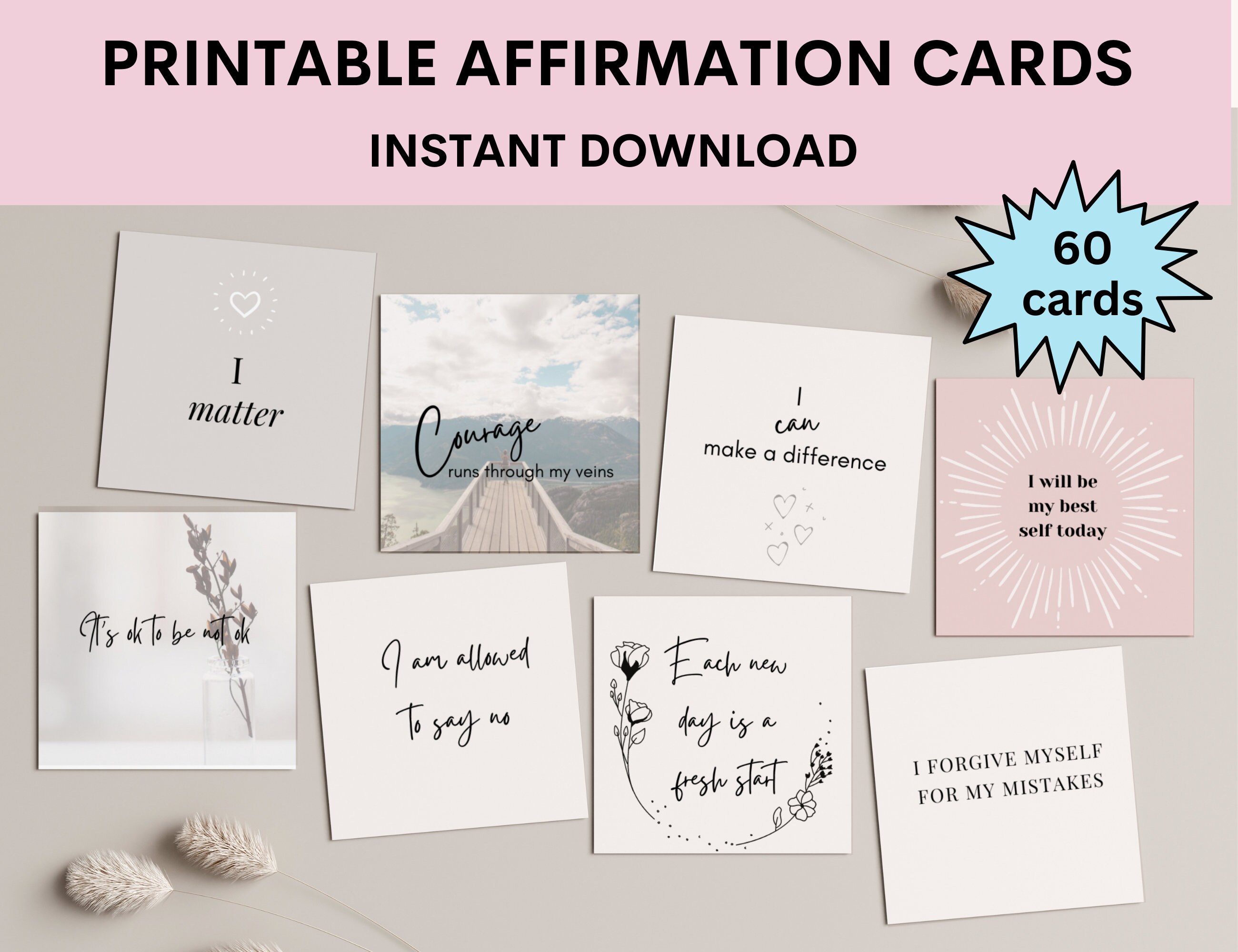 60 Printable Affirmation Cards Affirmation Cards for Women Boho Style ...
