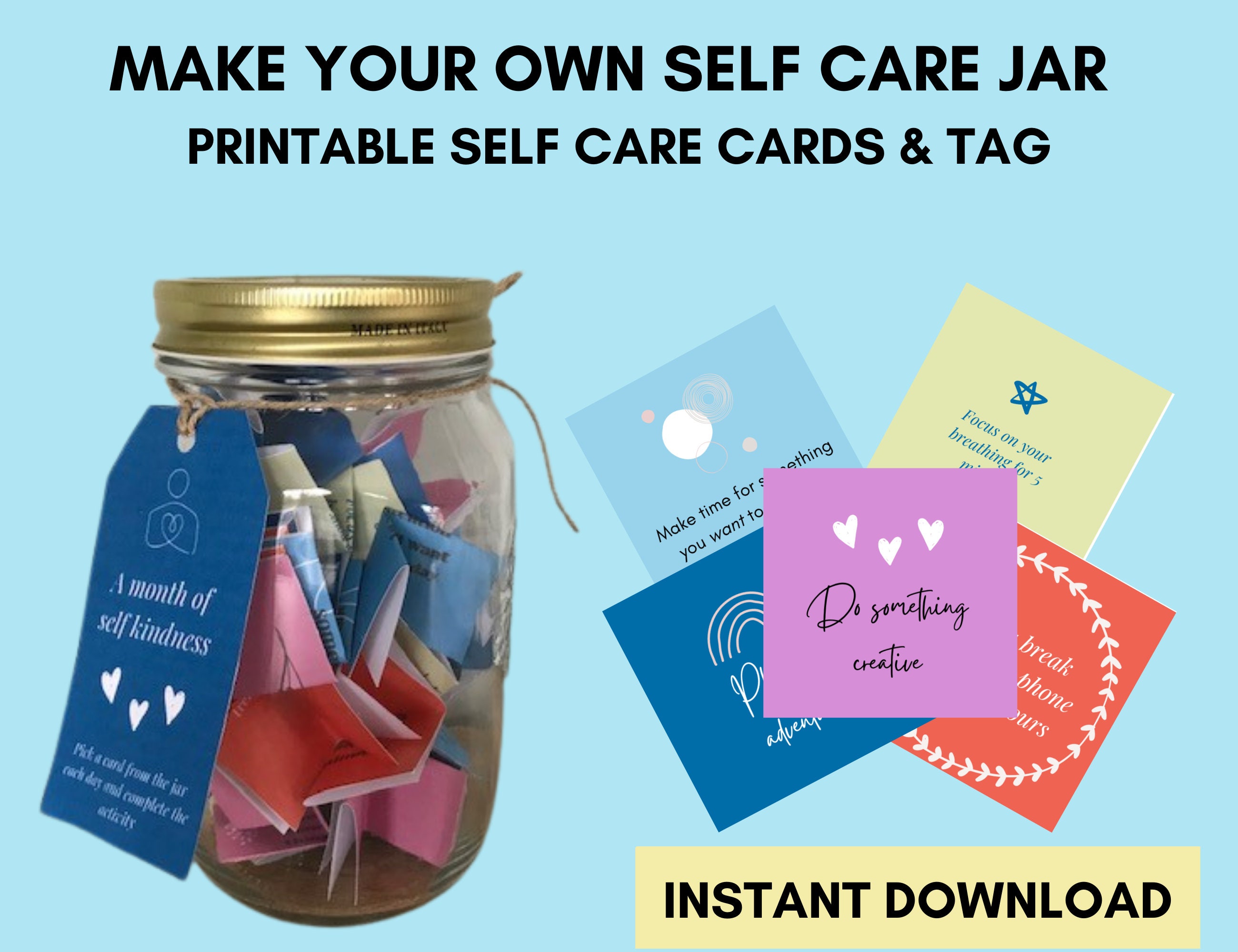 Self Care Challenge Jar Printable Cards Month of Self Care Activities ...