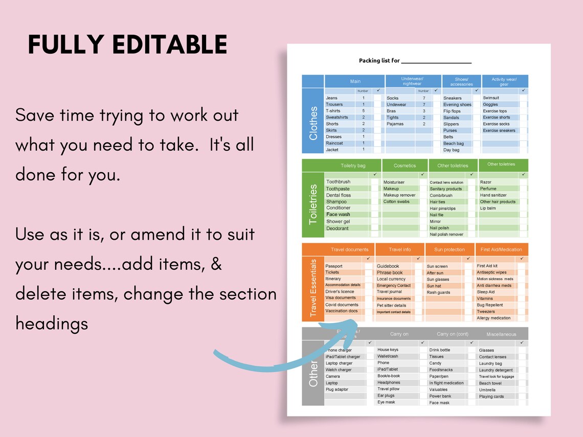 Holiday Packing List Editable List Male and Female Packing Lists ...
