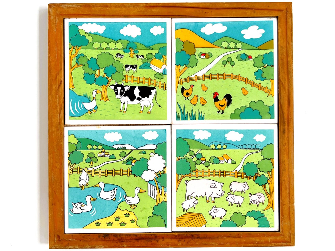 Vintage Farm Animals Ceramic Tile Trivets W/ Wood Frame | Chickens ...