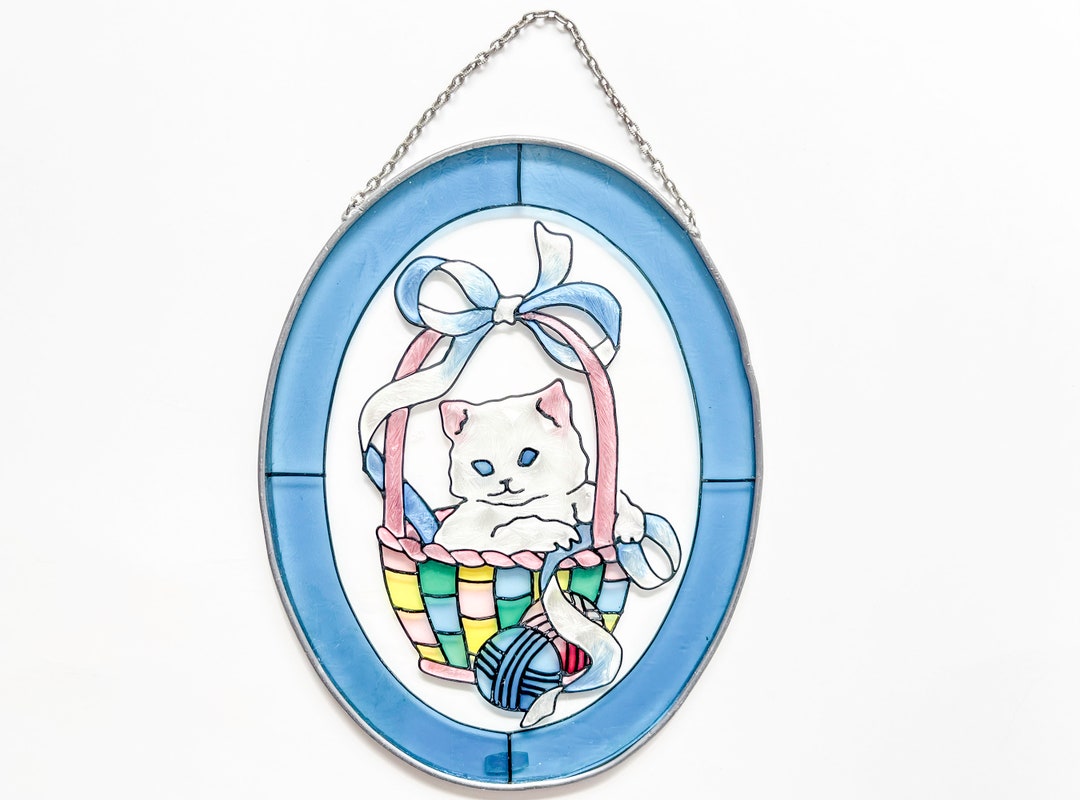 Vintage Oval Suncatcher, White Kitten in Knitting Basket | Joan Baker ...
