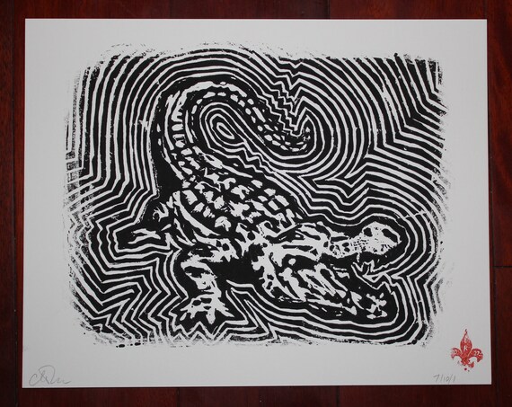 Alligator Wall Art Black and White Linocut Print Gator Nature | Etsy