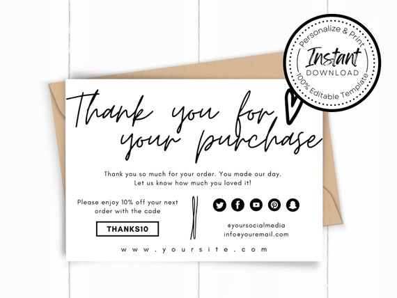 Basic Thank You Card INSTANT DOWNLOAD Small Business | Etsy