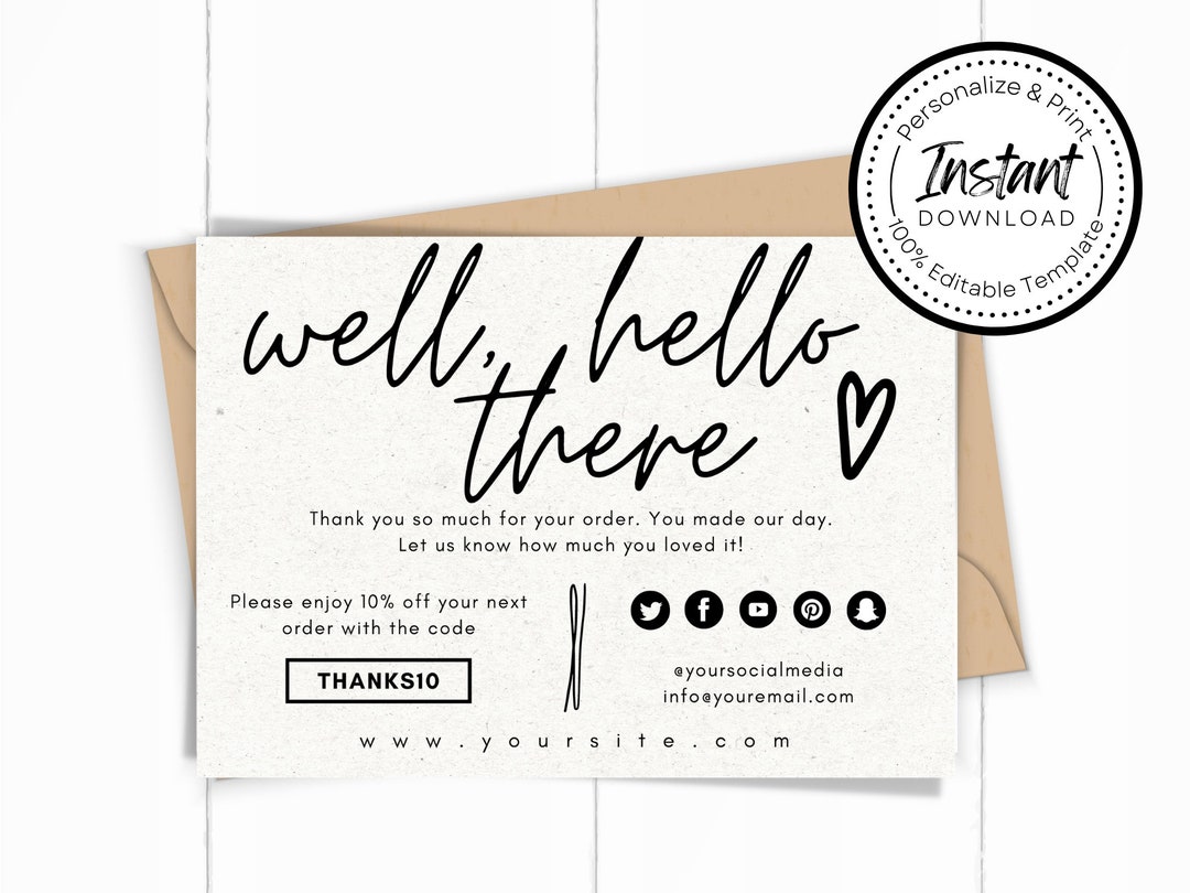 Hello There Thank You Card | INSTANT DOWNLOAD | Small Business Template ...