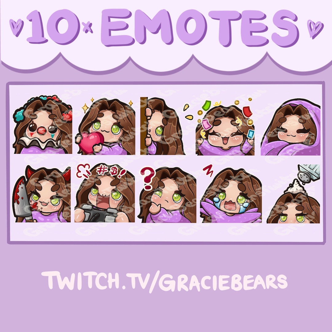 10 Cute Twitch Emotes, Brown Hair, Green Eye, Purple Top, Light Skin ...