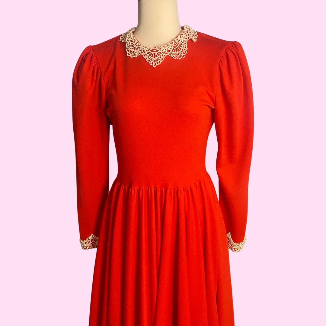 Vintage Red Lace Collar Dress Sabino 1980's - Etsy