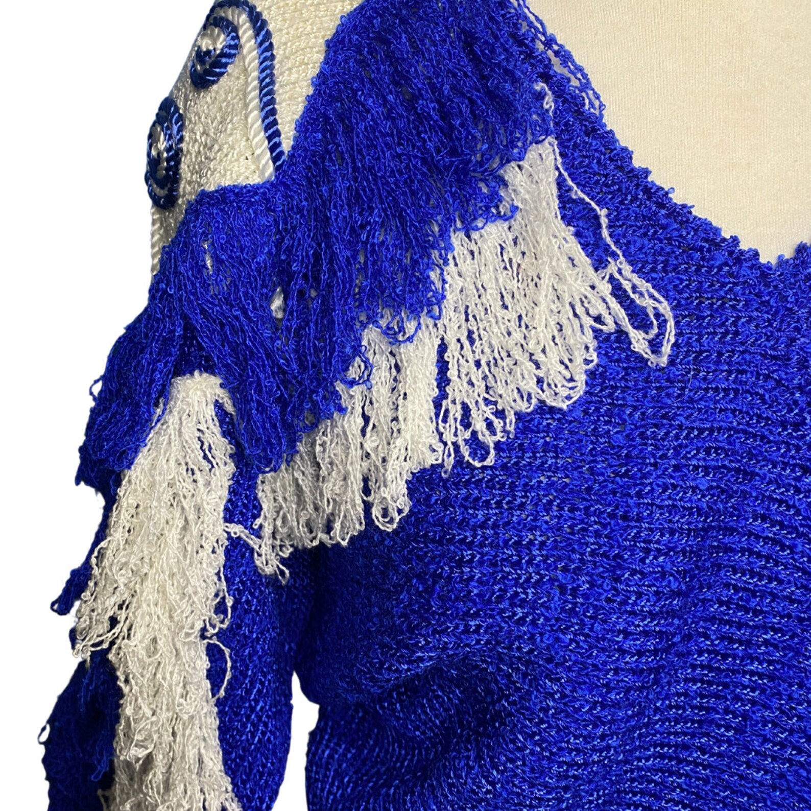 1980's Side Effects Fringe Embroidered Knitwear Boucle Shag Blue ...