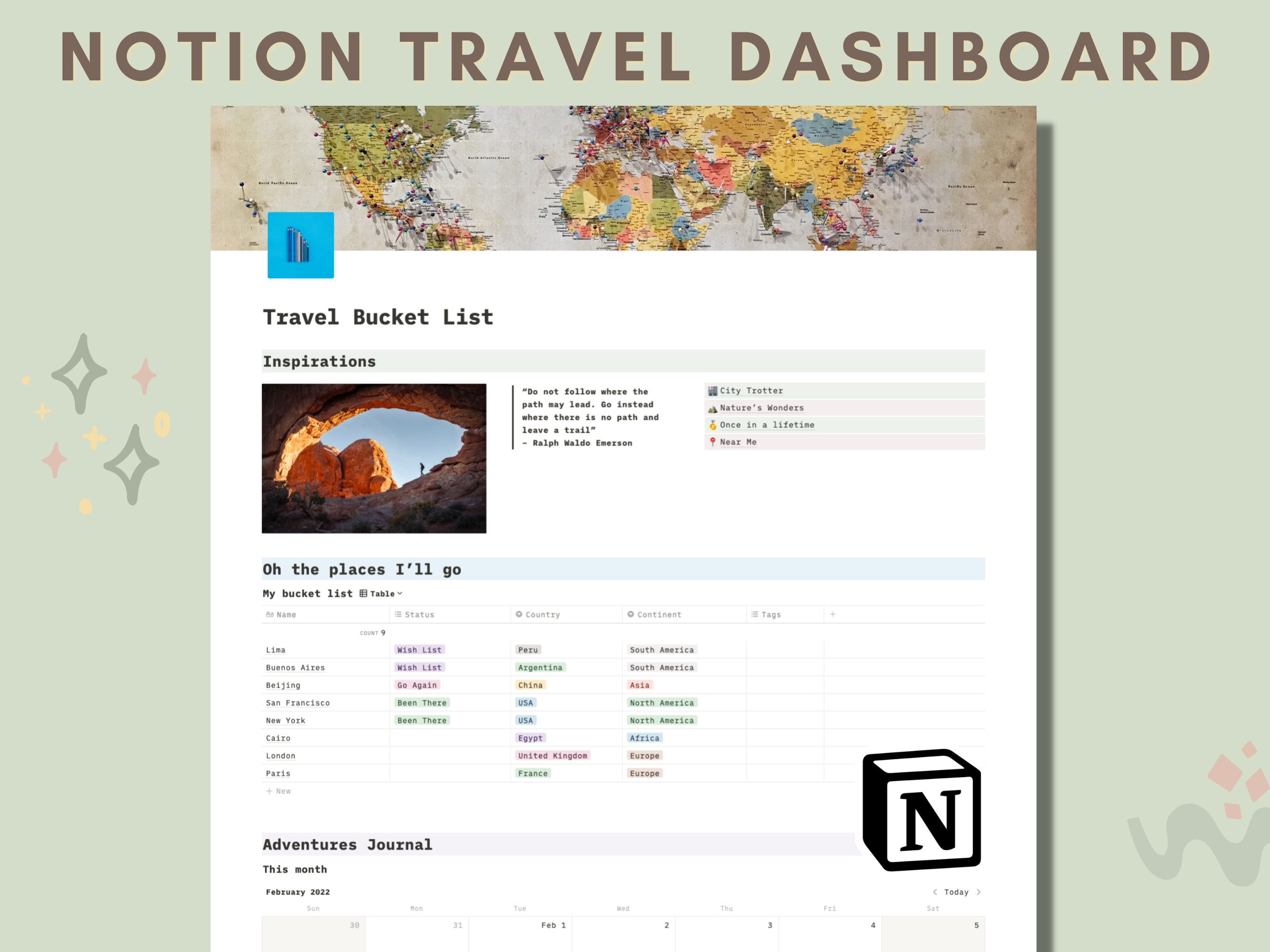 Travel Bucket List Journal Notion Template - Etsy