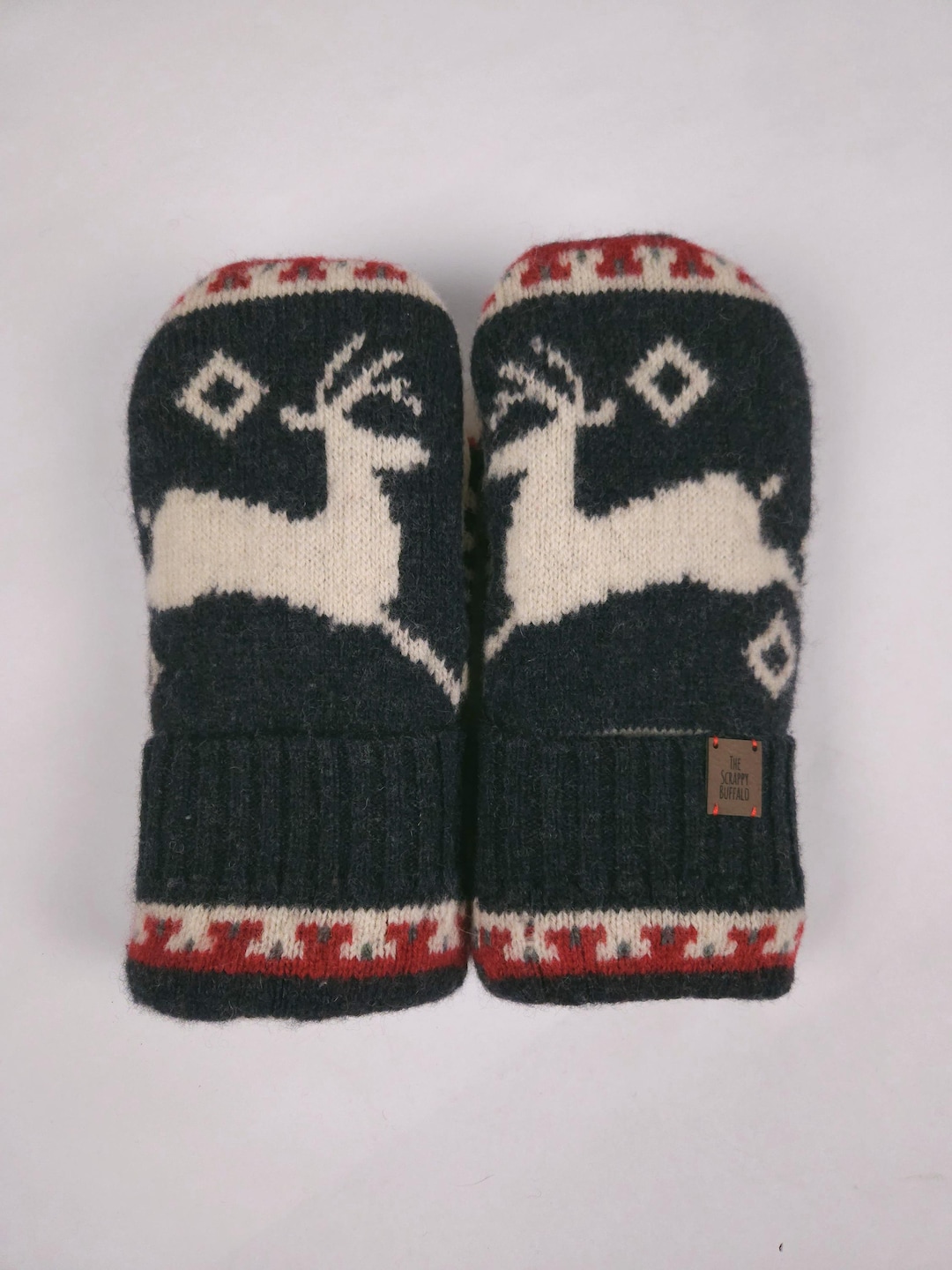Upcycled Red White Blue Wool Reindeer Mittens With Sherpa Fleece Lining ...