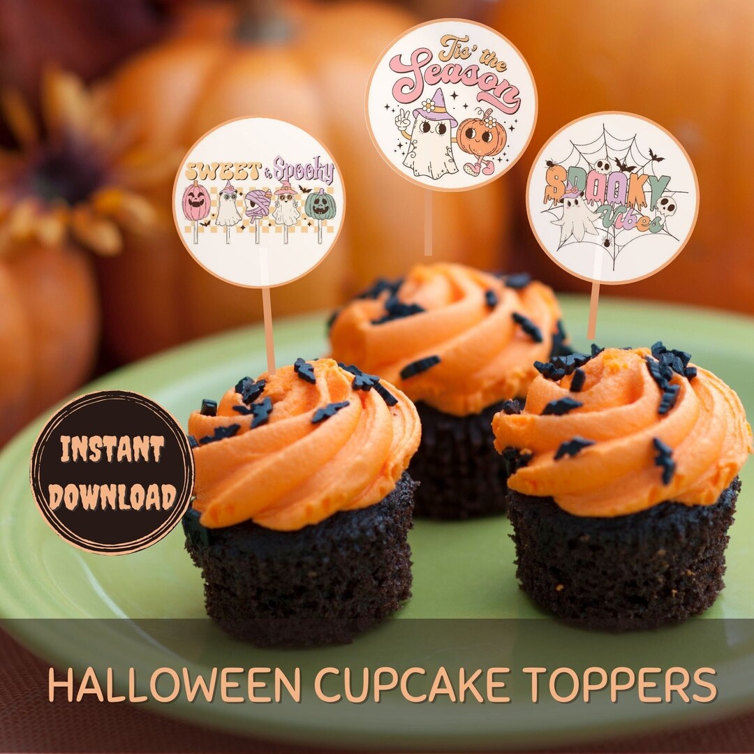 Printable Halloween Decor: Groovy Cupcake Toppers for a Spooktacular ...