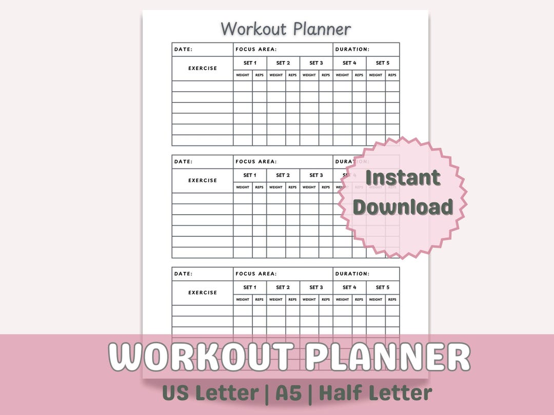 Minimalist Workout Log | Printable Exercise Tracker | One Page Fitness ...