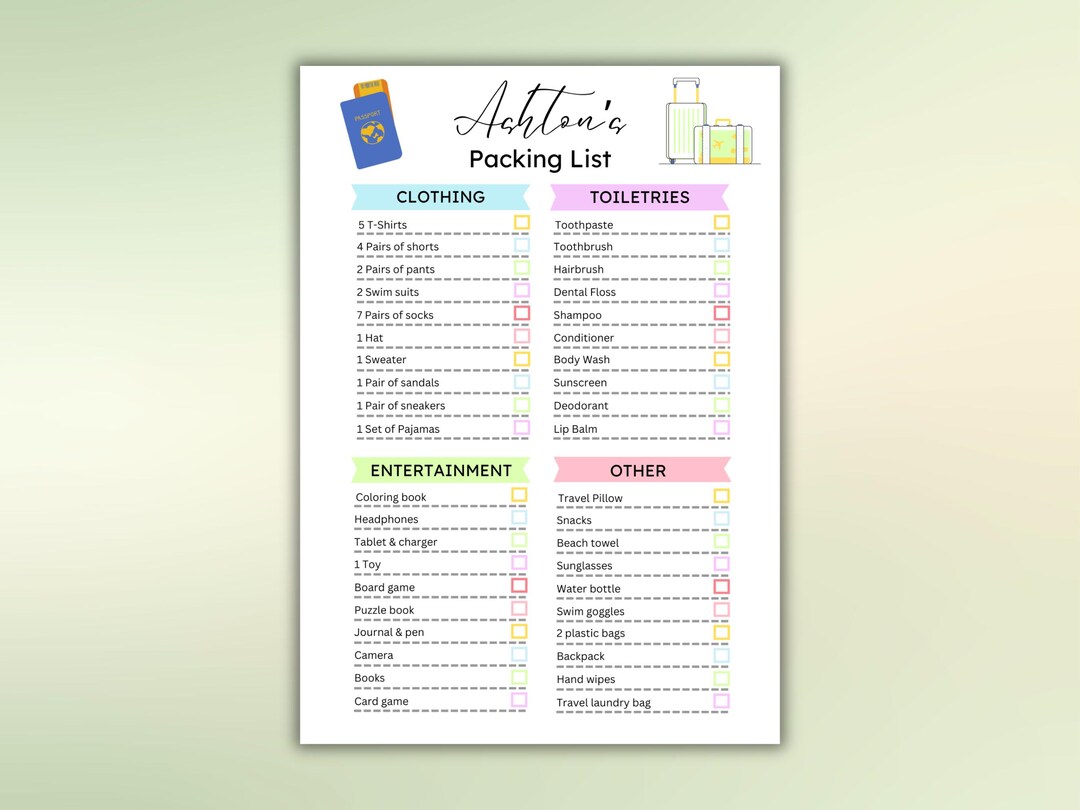 Kids Travel Packing List Travel Backpacking Checklist Pastel Vacation ...