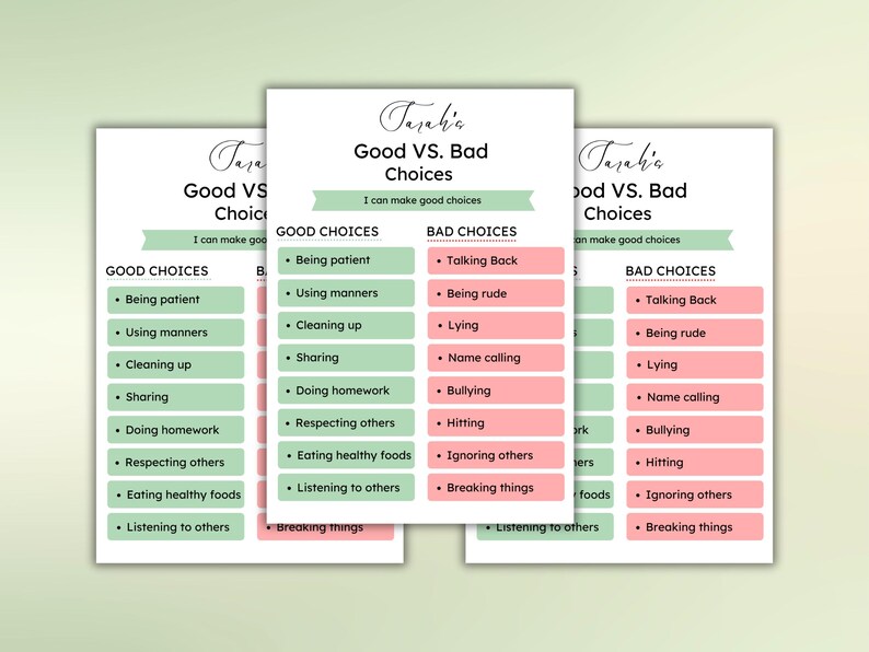 Childrens Good and Dad Choices Chart Positive and Negative Behavior ...