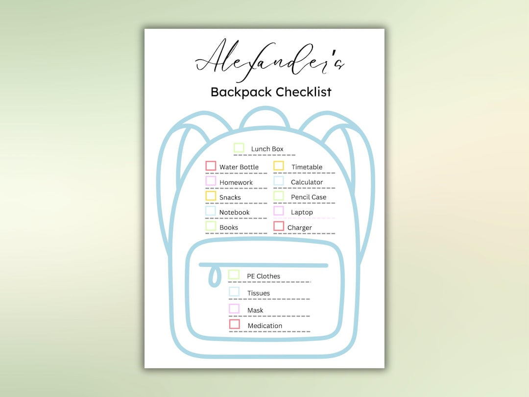 Kids Colorful Backpack Checklist Packing School Bag Chart Visual Daily ...