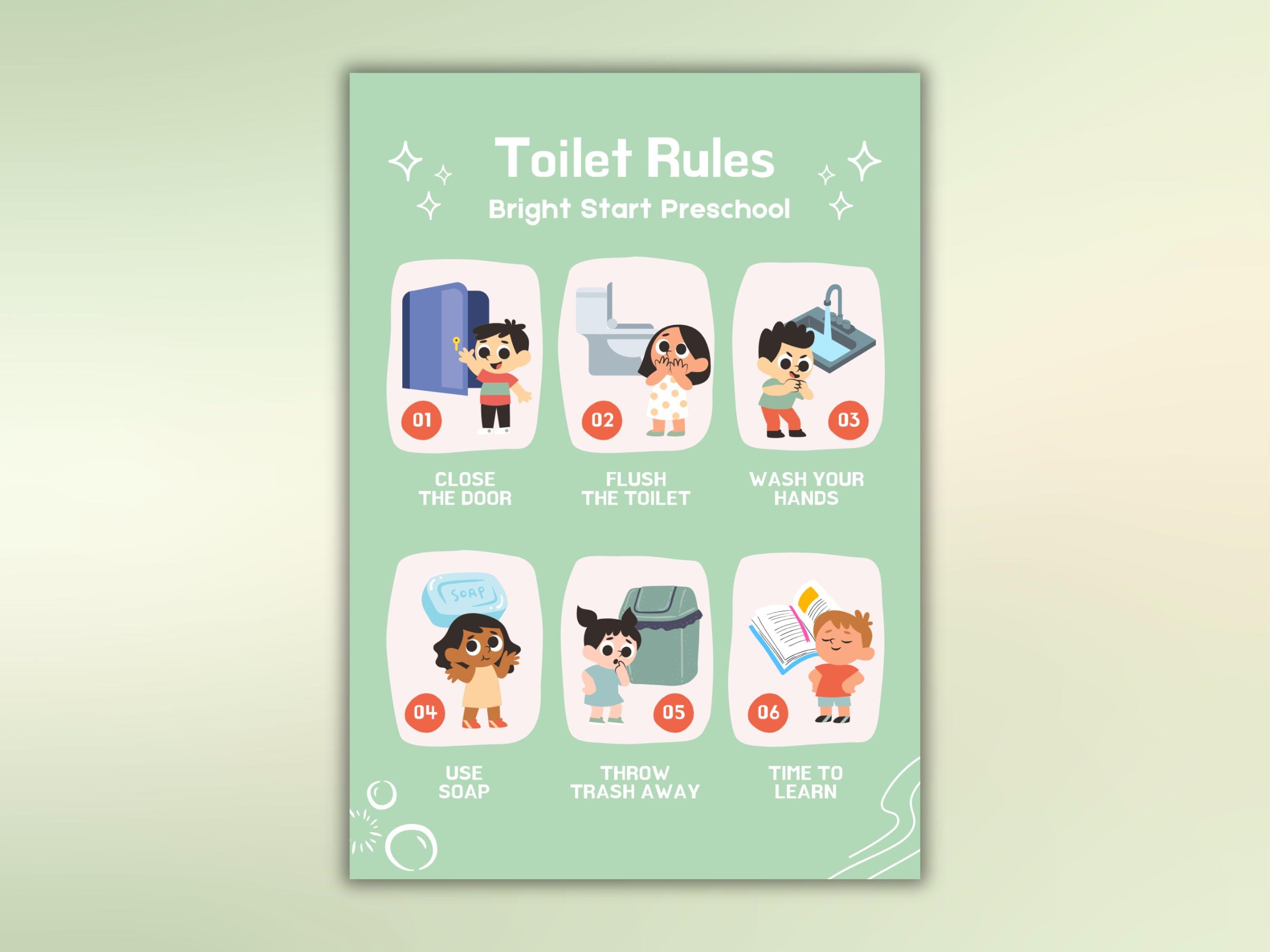 Kids Toilet Rules Sign Childrens Visual Bathroom Routine Template ...