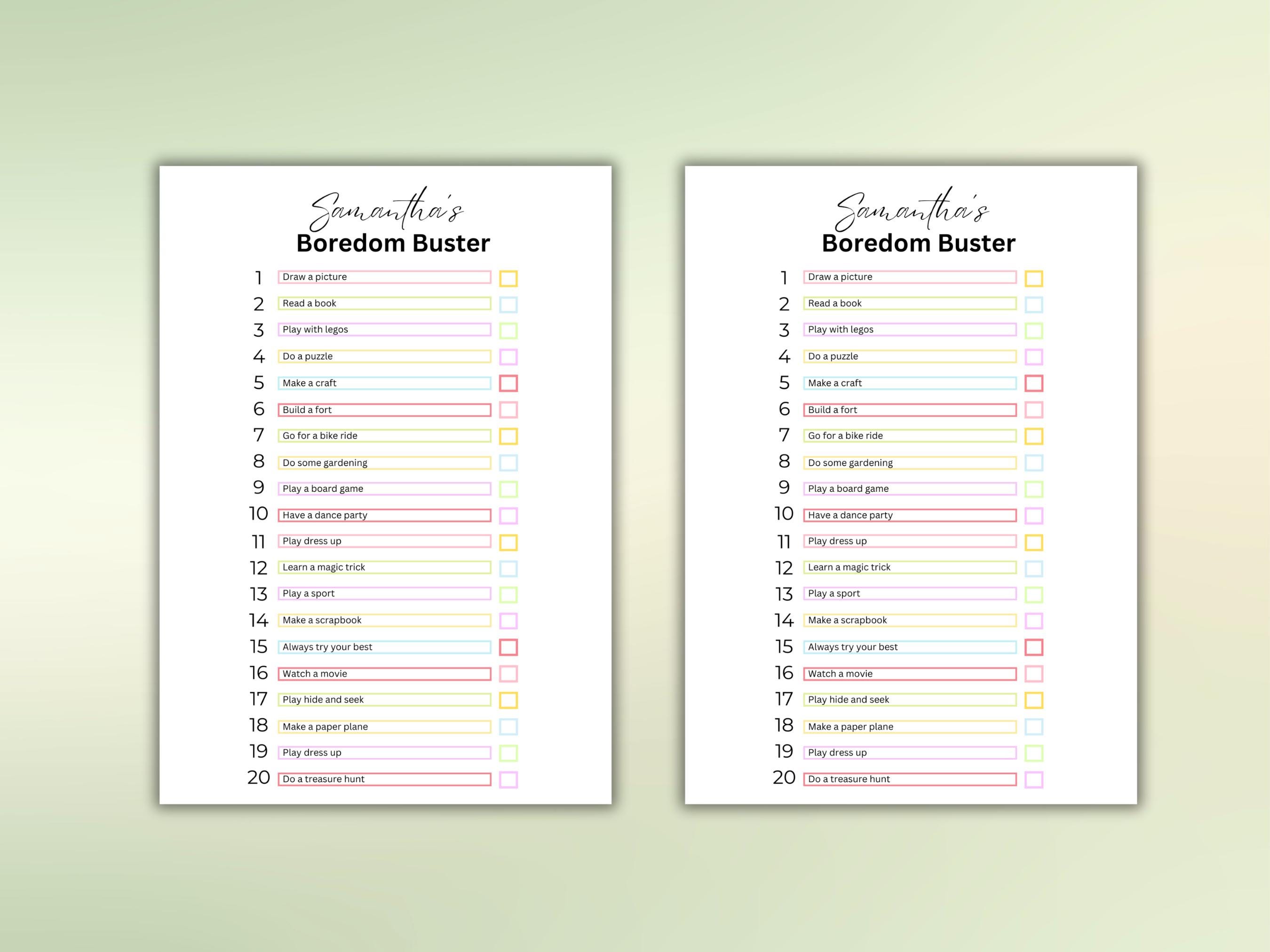 Kids Boredom Buster Activity Chart Childrens Boredom List Home Reward ...