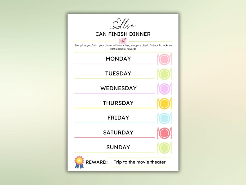Colorful Finish Dinner Chart Picky Eater Food Poster Kids Dinner Reward ...