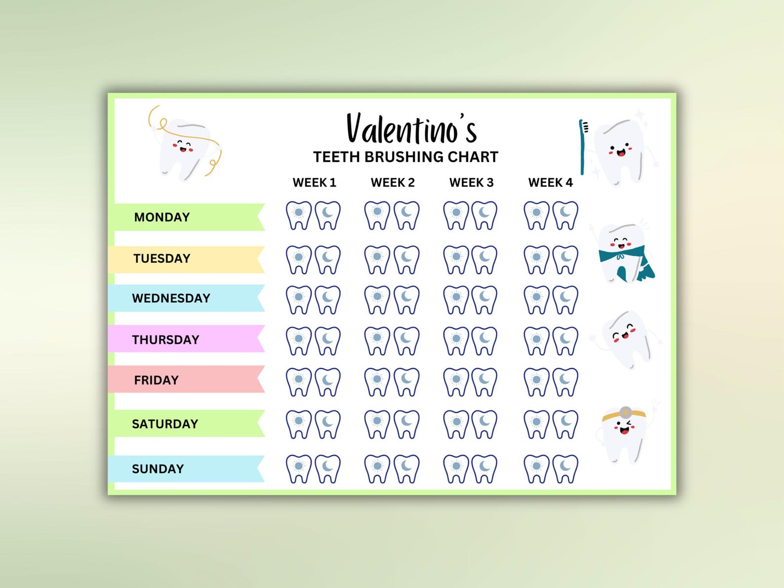 Kids Cute Teeth Brushing Chart Brush Your Teeth Reminder Sheet ...