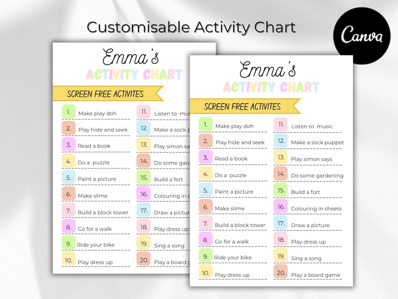 Screen Free Activities for Kids Printable Play Chart Routine Chart Kids ...
