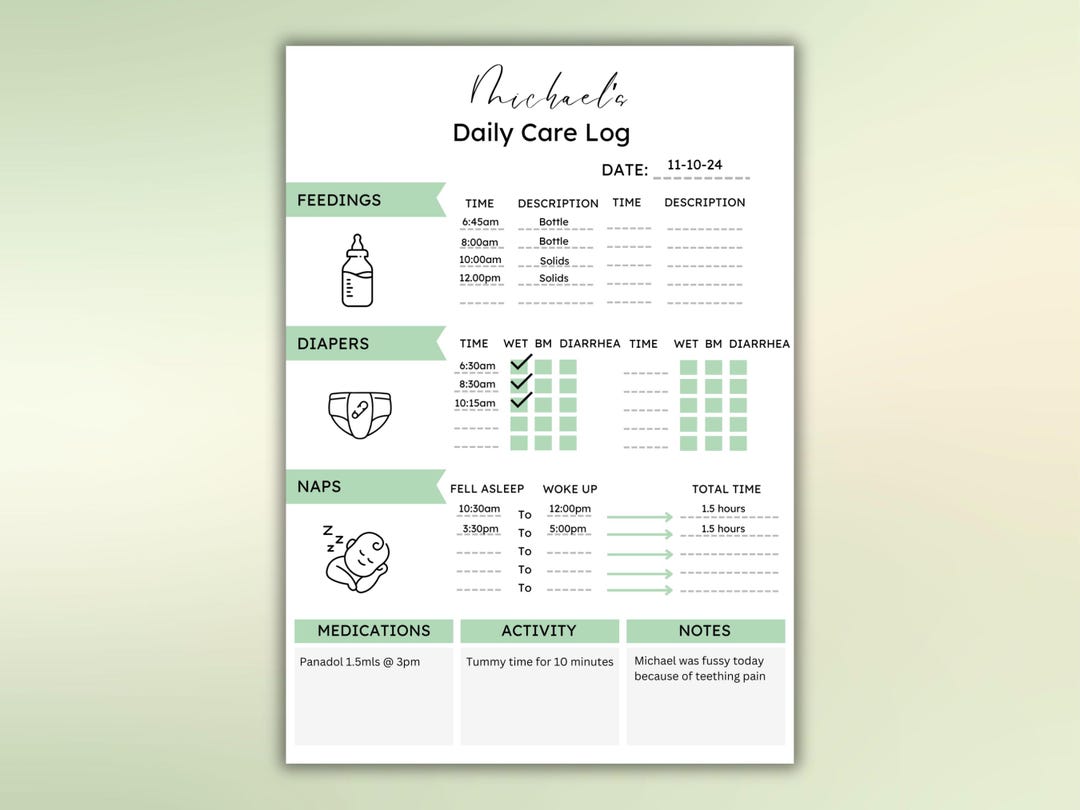 Baby Care Daily Log Sheet Infant Babysitting Report Chart Baby Sleep ...