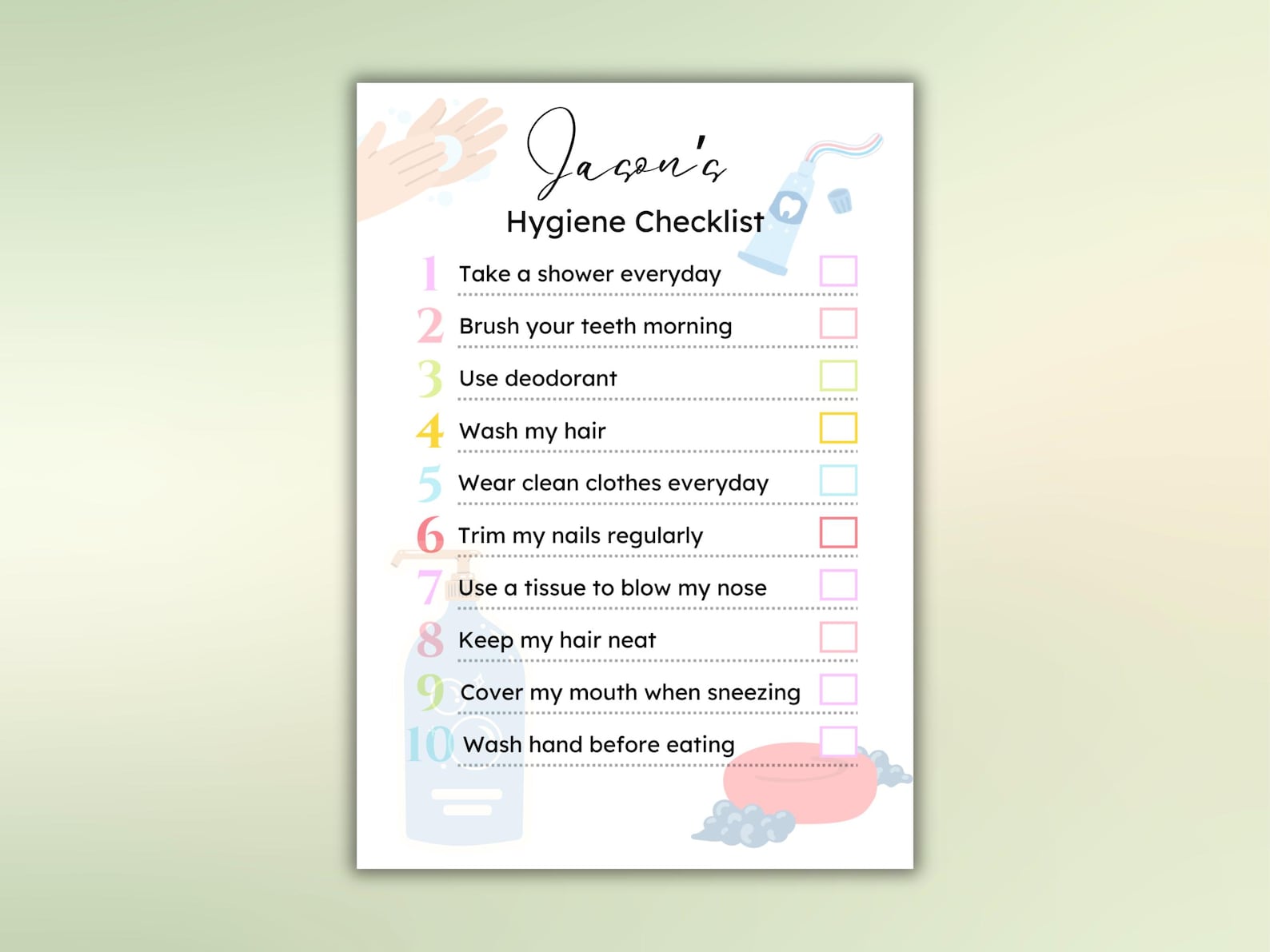Kids Personal Hygiene Chart Childrens Colorful Hygiene Reminder Poster ...