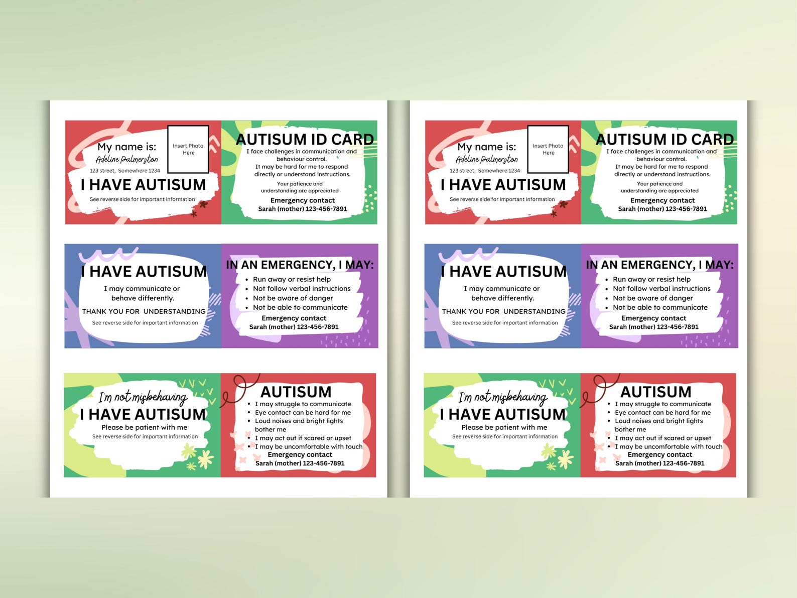 Childrens Autism ID Card Colorful Emergency Contact Cards Kids Autism ...